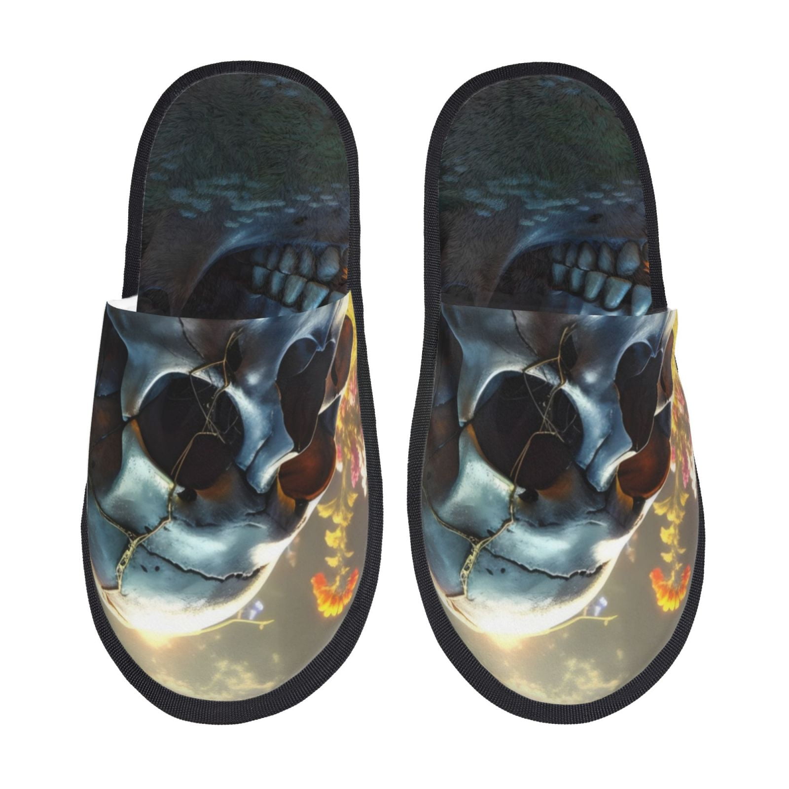 Daiia Flower Field Skull Pattern Furry Slippers for Women and Men, Soft ...