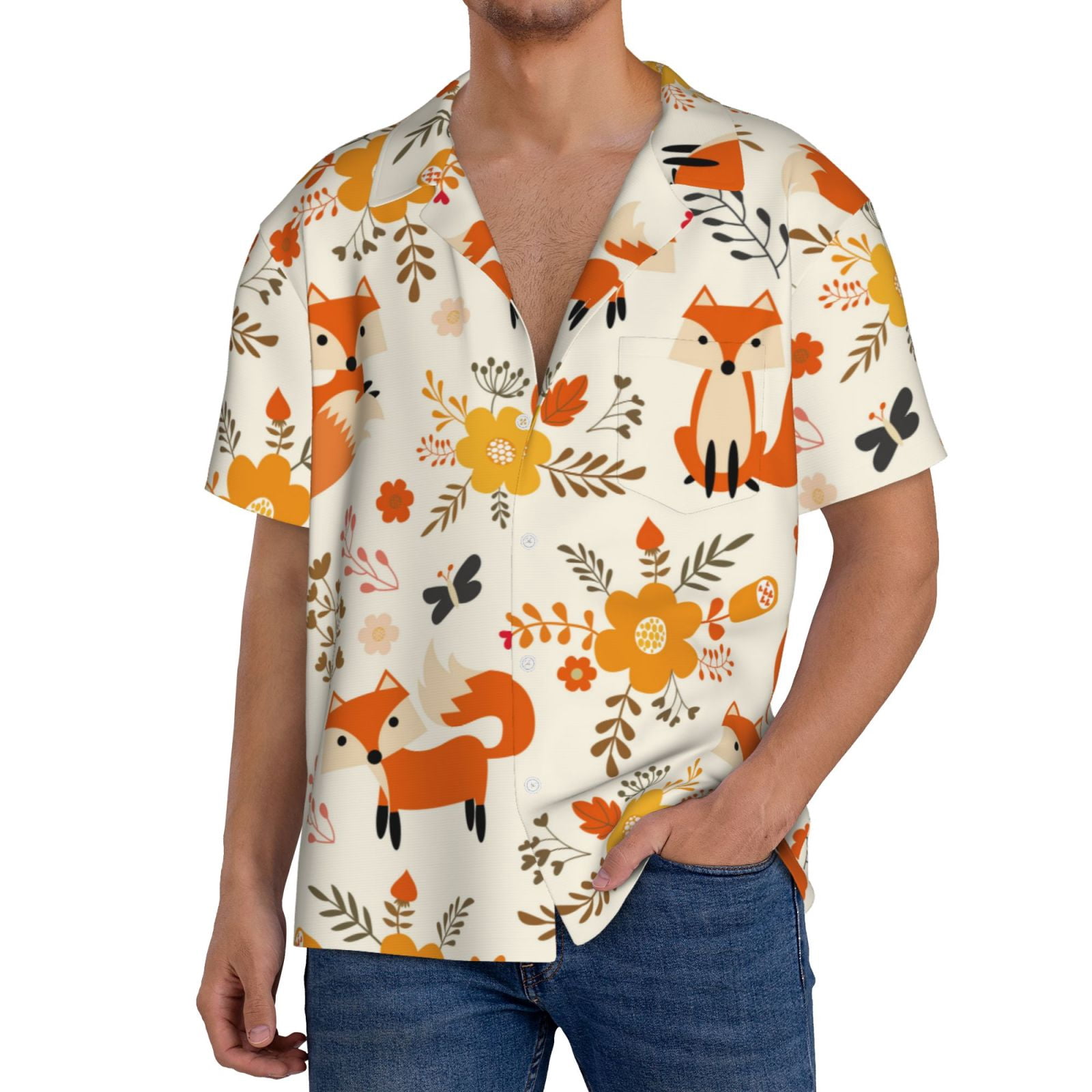 Daiia Flower Fox Men's Linen Shirts Short Sleeve Casual Shirts Button ...