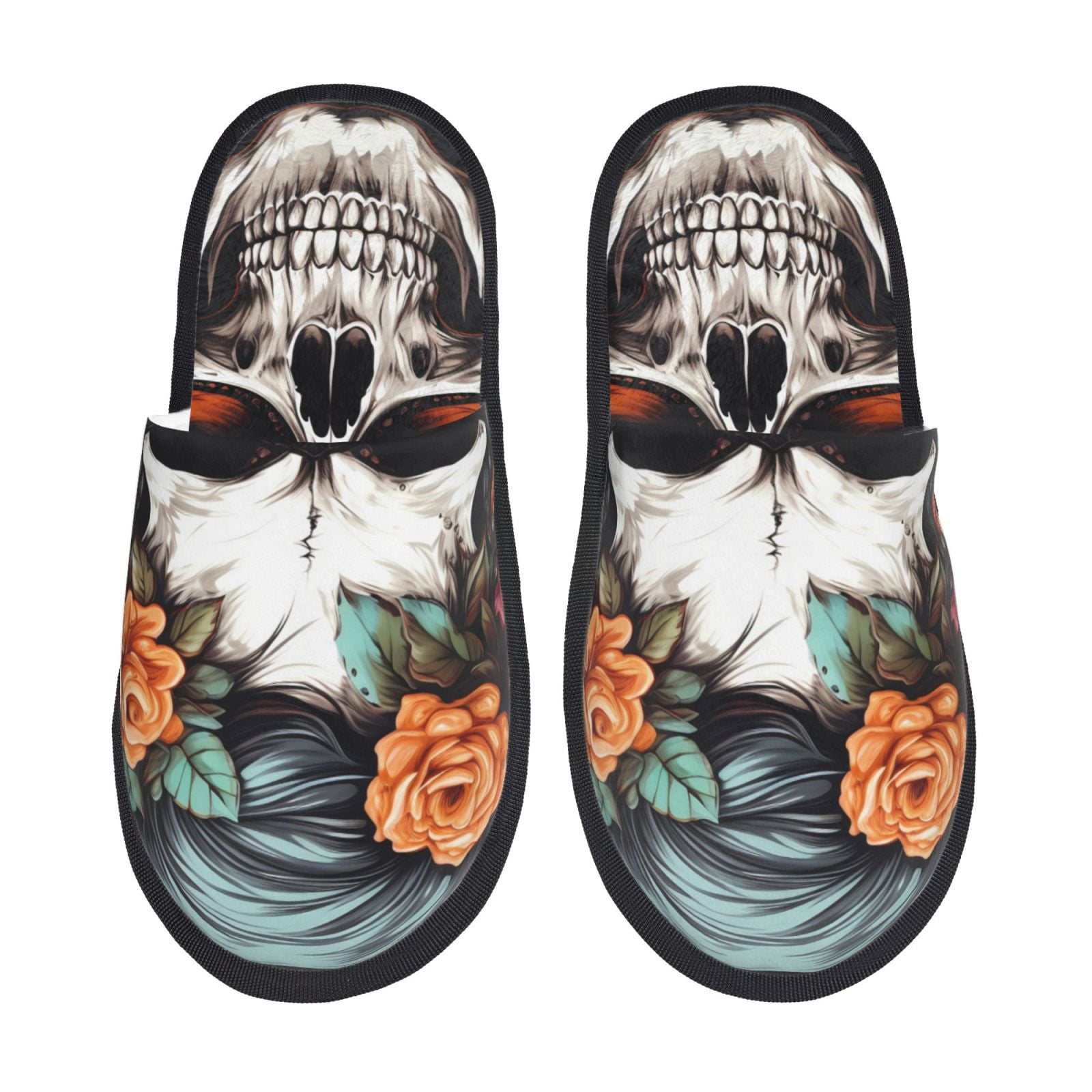 Daiia Flower Horn Skull Pattern Furry Slippers for Women and Men, Soft ...