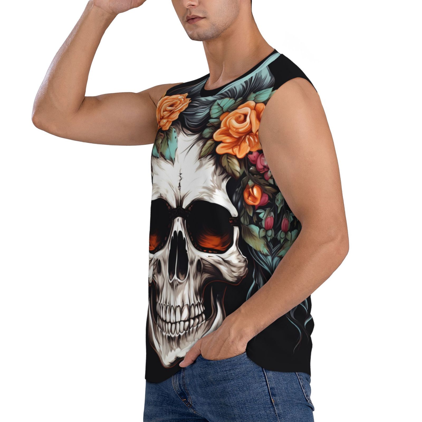 Daiia Flower Horn Skull Printed Men's Tank Tops,Casual Soft Sleeveless ...