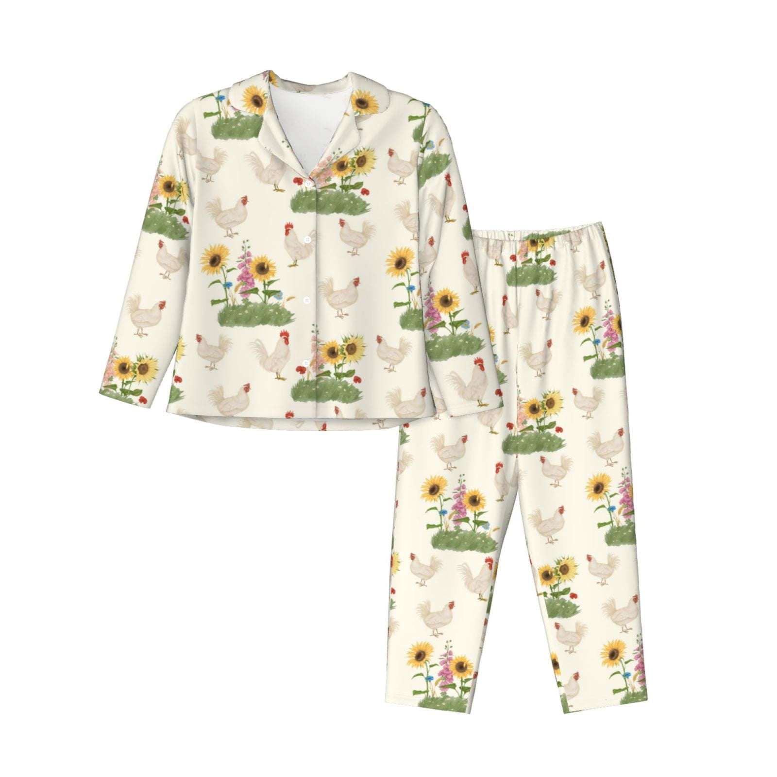 Daiia Flowers And Hens for Women's Long-Sleeved Pajama Set – Soft ...