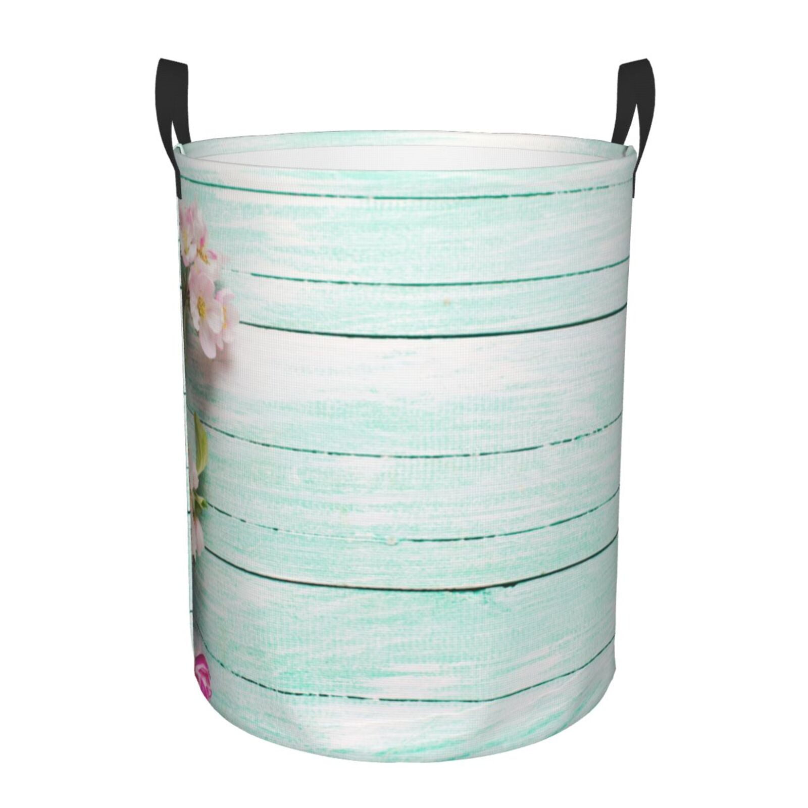 Daiia Flowers And Turquoise Wooden Round Laundry Basket with Handles ...
