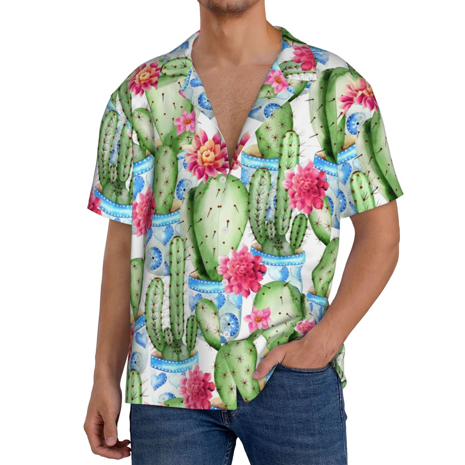 Daiia Flowers and Cactus Men's Linen Shirts Short Sleeve Casual Shirts ...