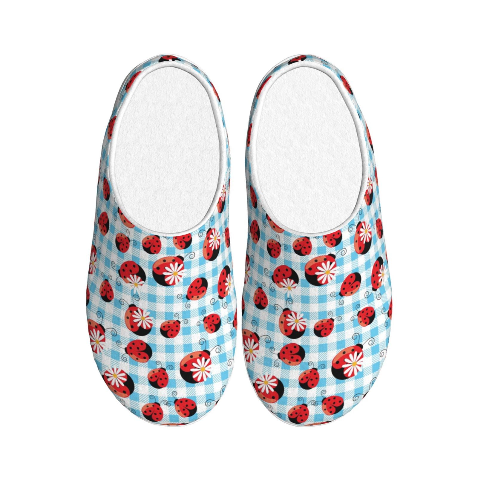 Daiia Flowers and Lady Bugs Print Women’s Fuzzy Slippers Memory Foam ...