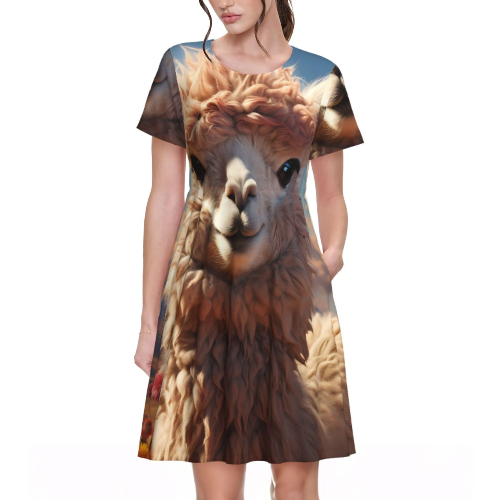 Daiia Fluffy Alpaca Mountain Meadow Print Women's Dresses 2025 Trendy ...
