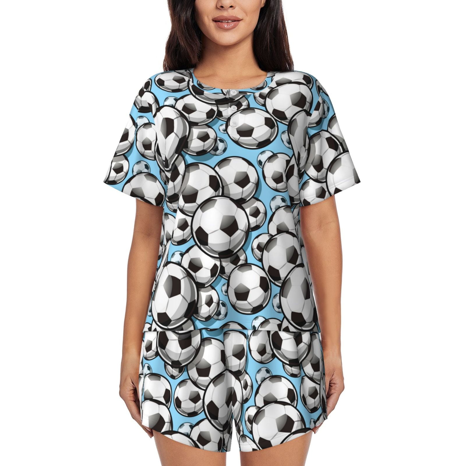 Daiia Football Soccer Ball Pattern Womens Pajama Sets Short Sleeve ...