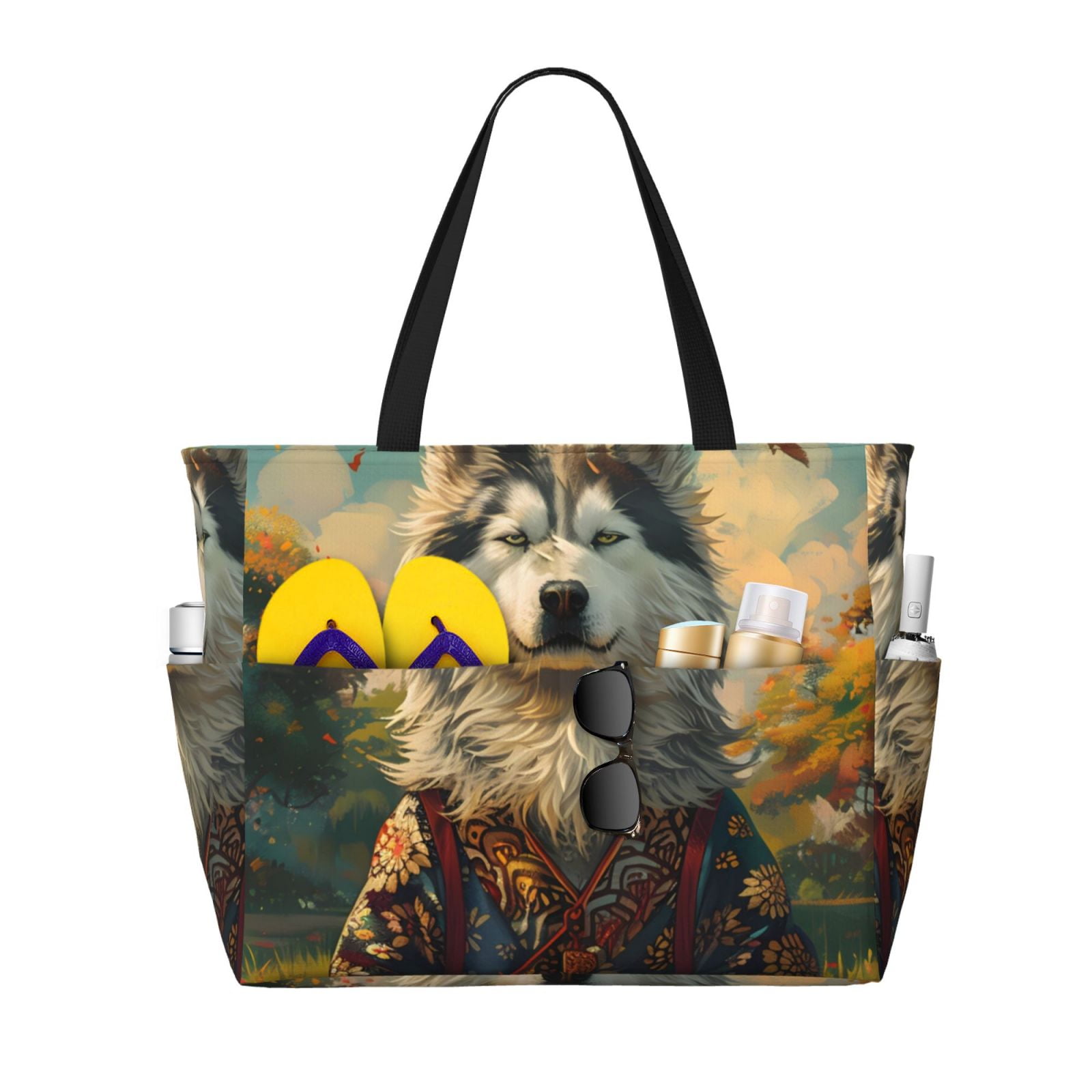 Daiia Forest Maple Leaf Husky Beach Travel Bag - Water-Resistant Beach ...