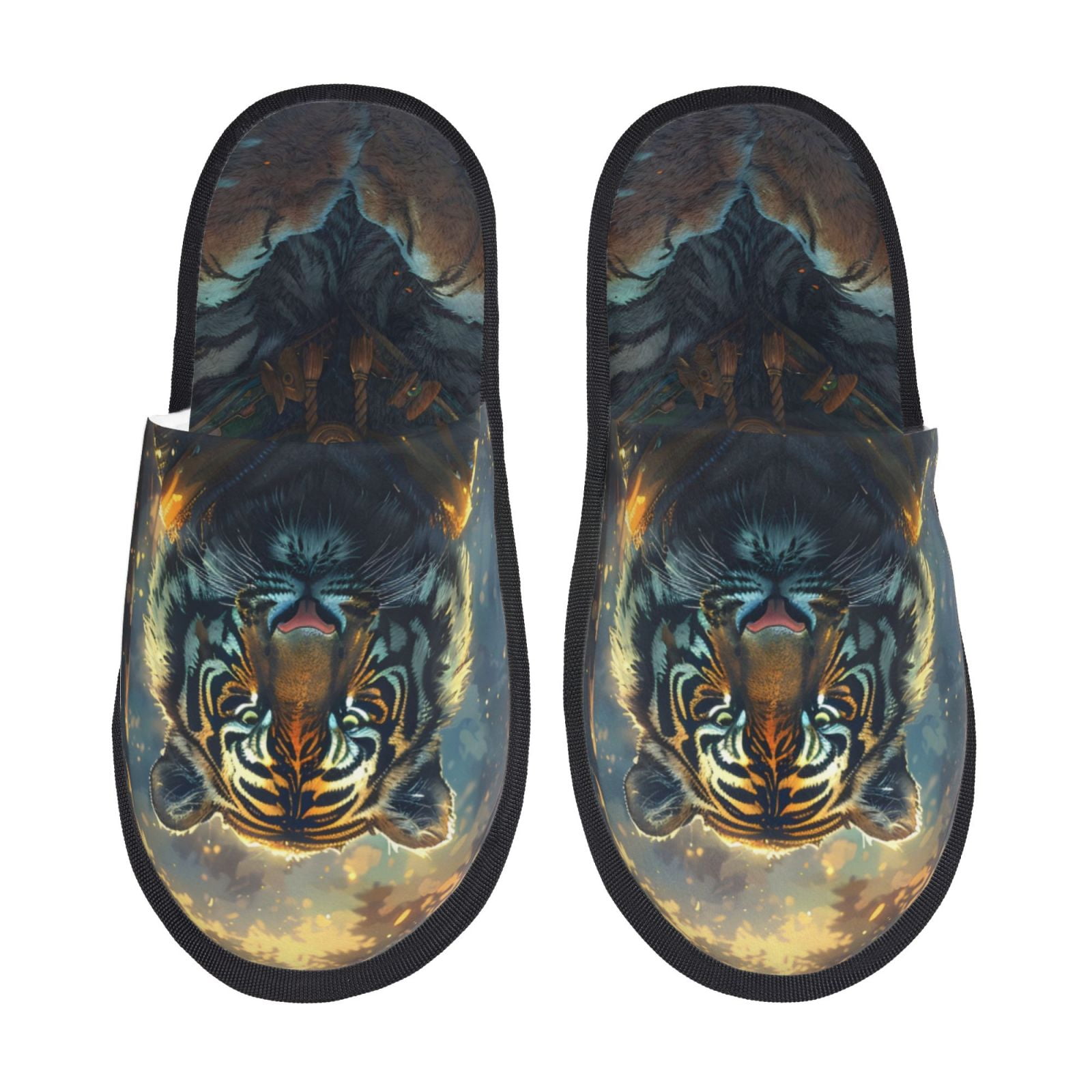 Daiia Forest Meditating Tiger Pattern Furry Slippers for Women and Men ...