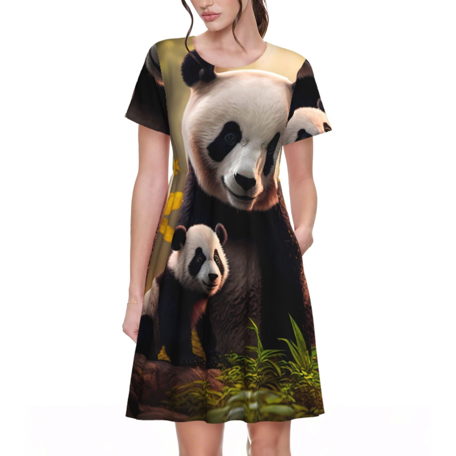 Daiia Forest Panda Print Women's Dresses 2025 Trendy Short sleeve Dresses Casual Baggy Flowy ...