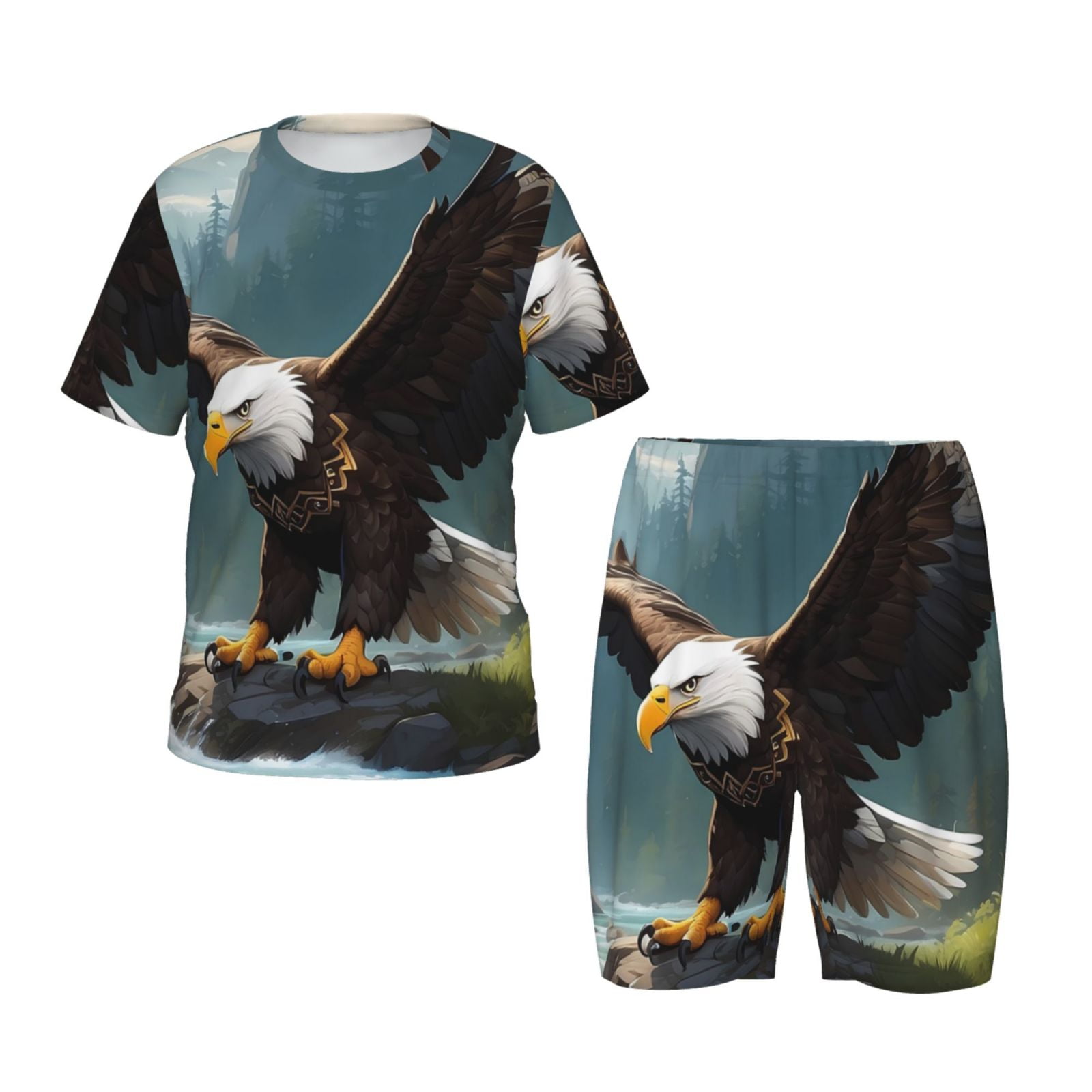 Daiia Forest River Bald Eagle Print Children’s Cotton Pajama Set – Short-Sleeved Top & Shorts ...
