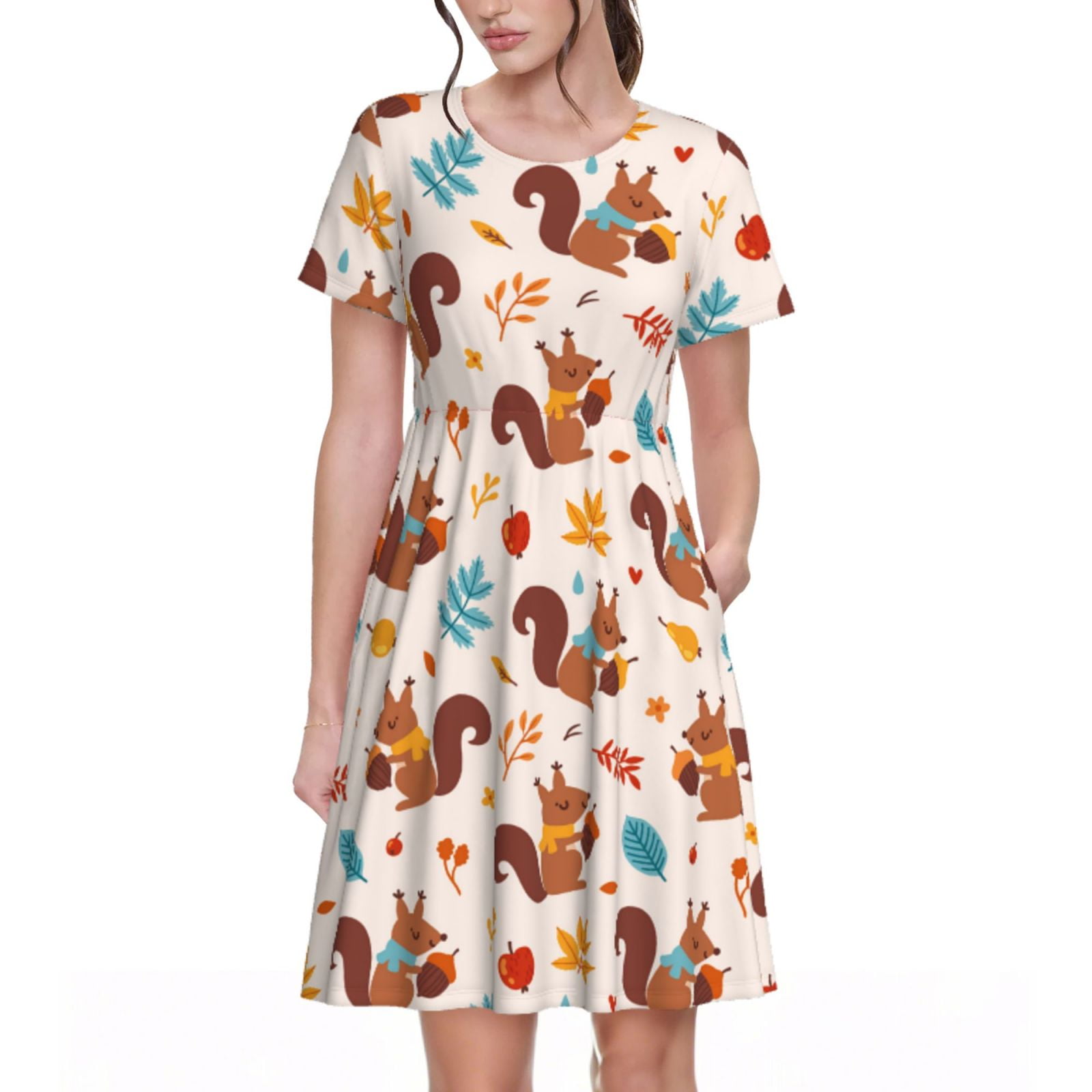 Daiia Forest Squirrel Nuts Print Women's Dresses 2025 Trendy Short ...