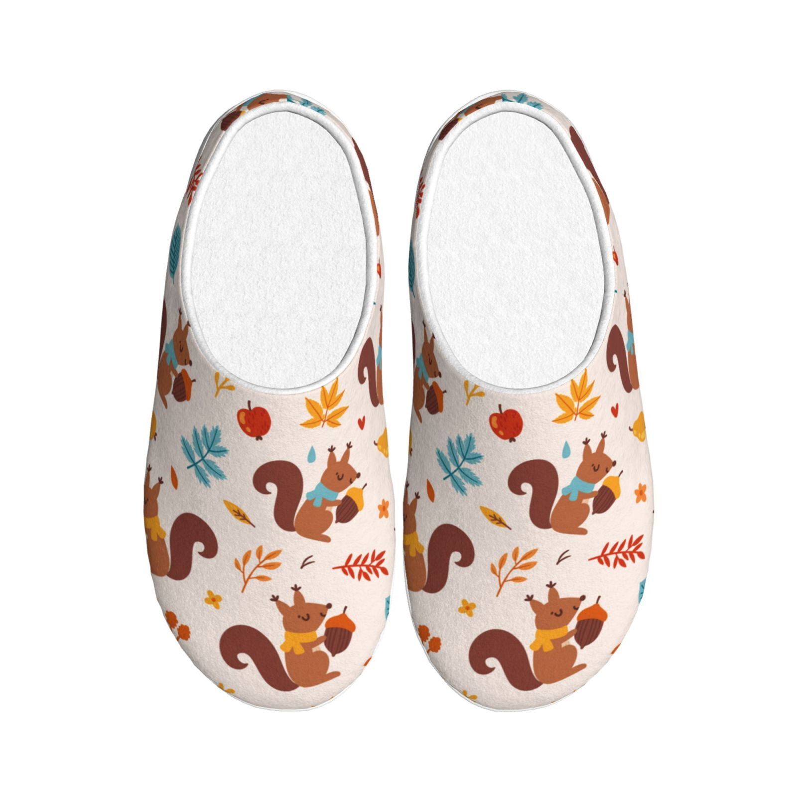 Daiia Forest Squirrel Nuts Print Women’s Fuzzy Slippers Memory Foam ...