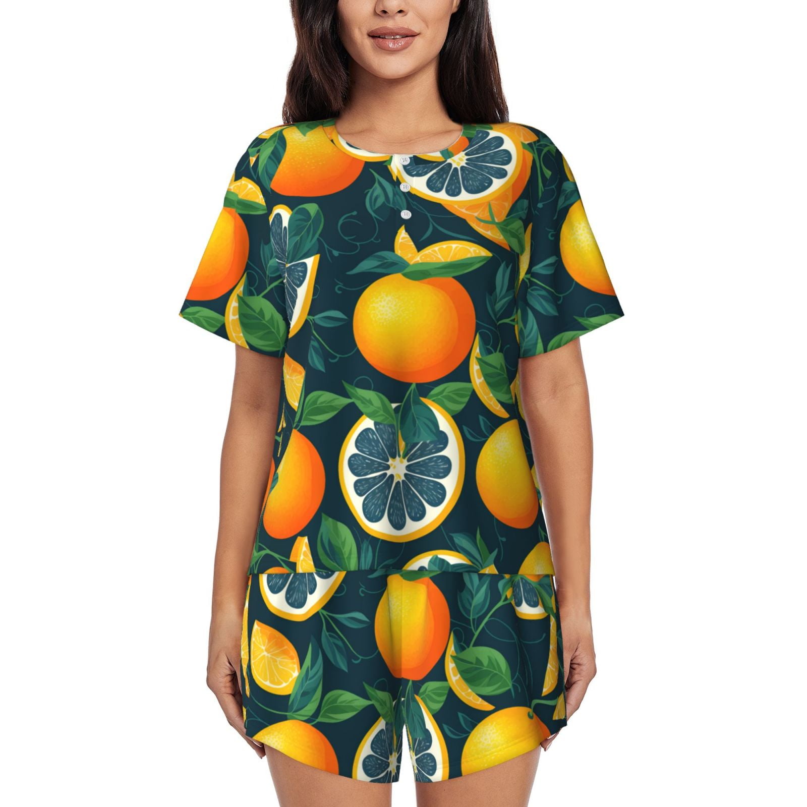 Daiia Fresh Orange Pattern Womens Pajama Sets Short Sleeve Pajamas for ...