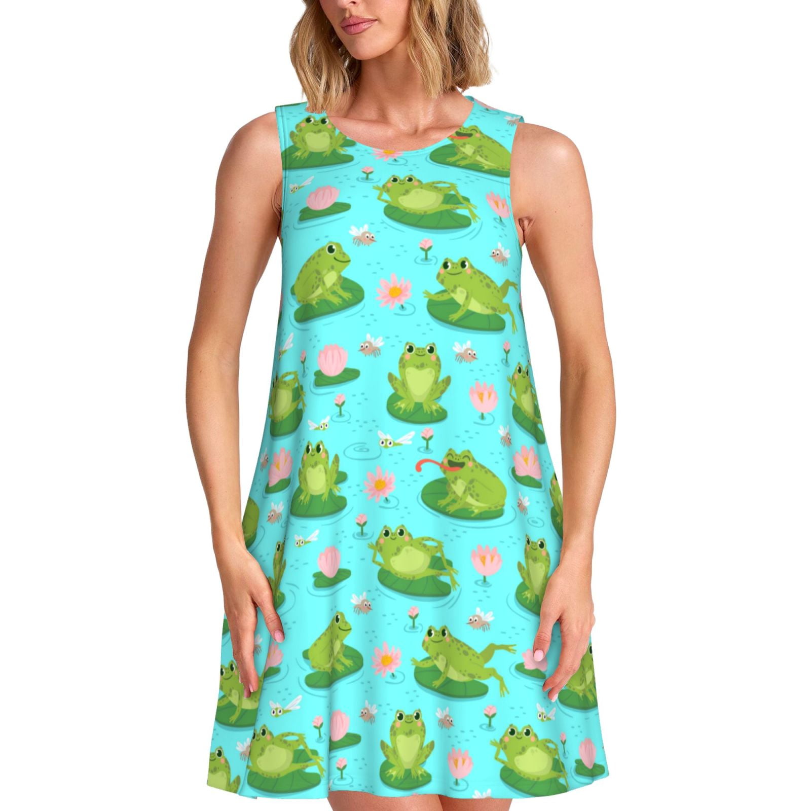 Daiia Frogs And Aquatic Plants Print Women's Dresses 2025 Trendy Short ...