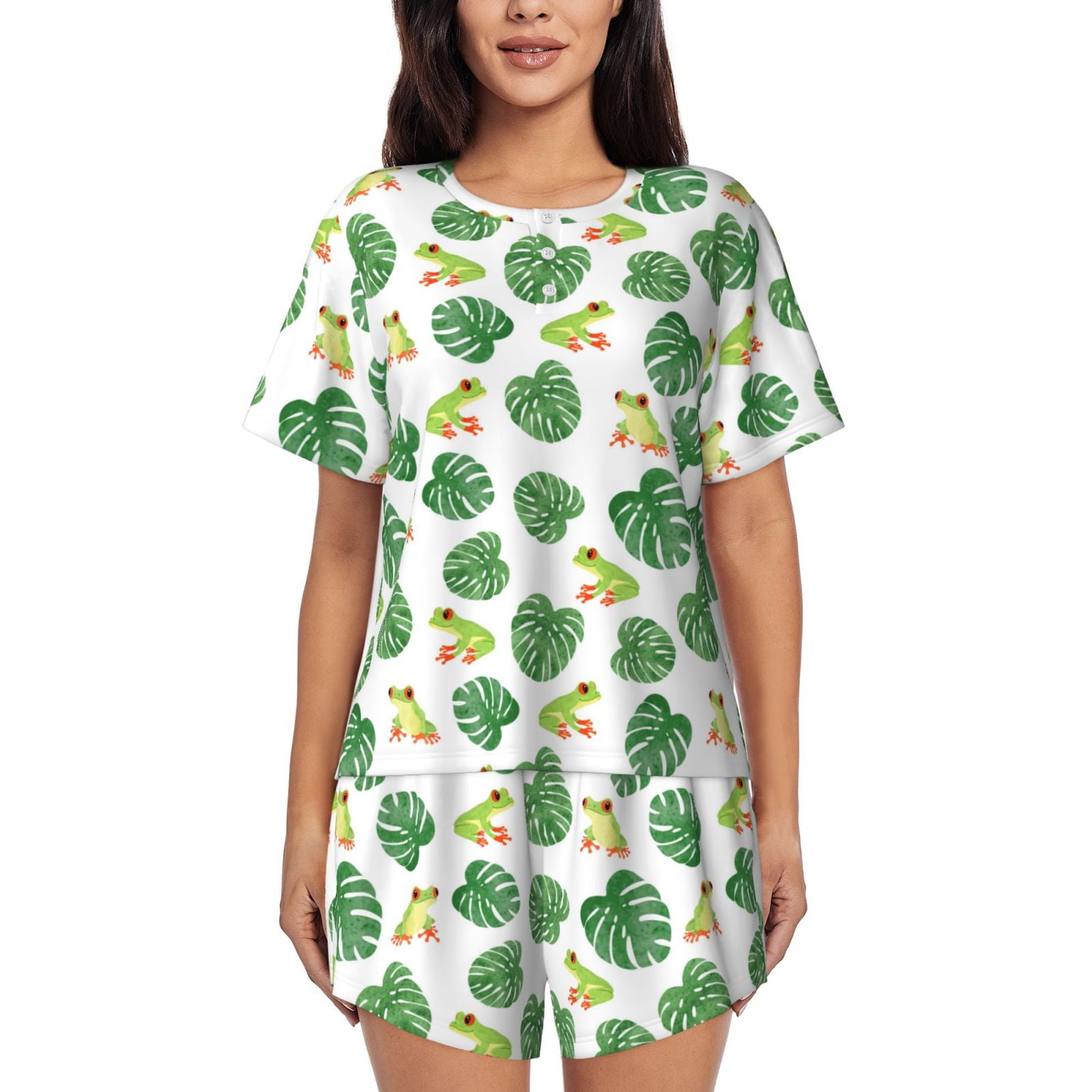 Daiia Frogs And Tropical Leaves Pattern Womens Pajama Sets Short Sleeve ...