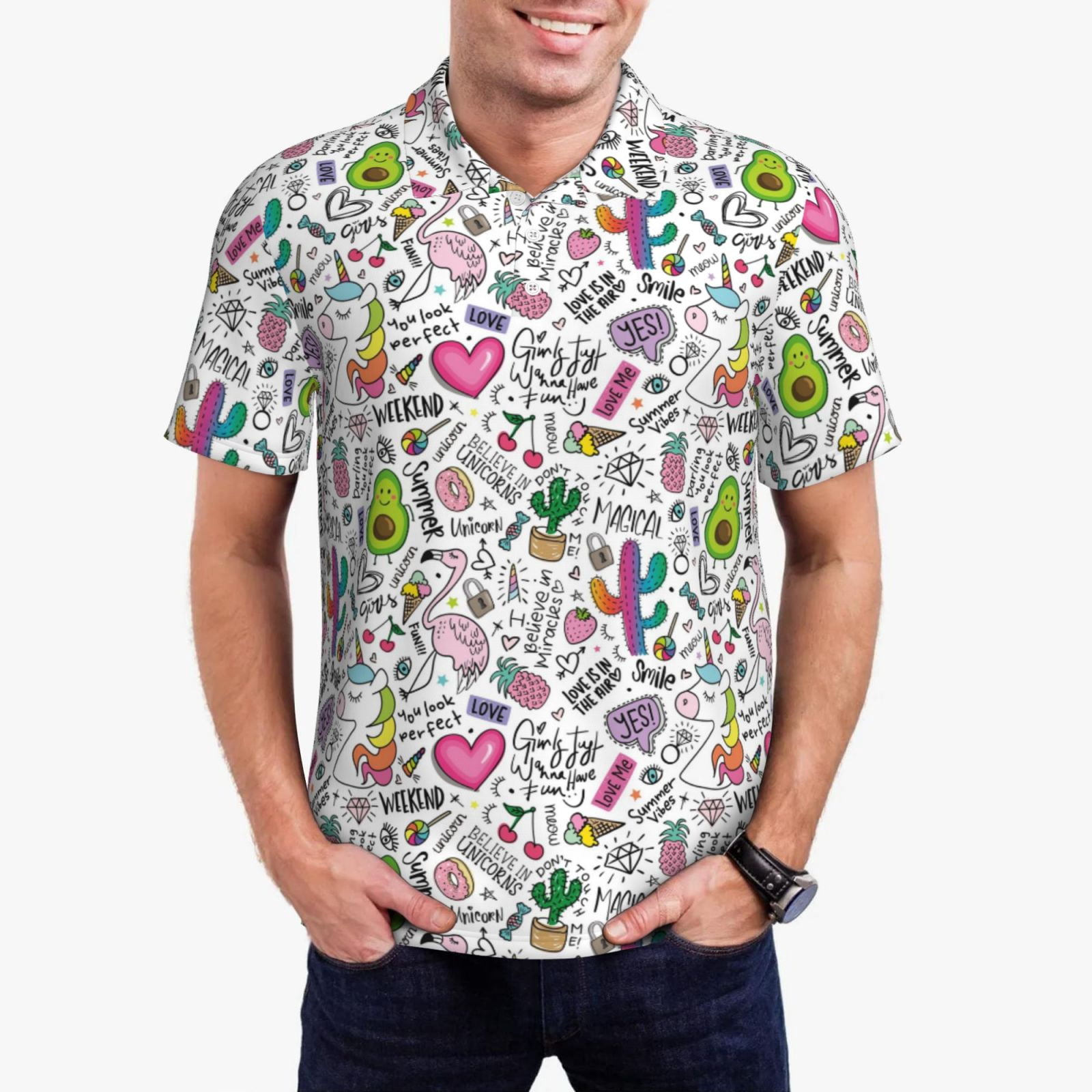 Daiia Fun Animal with Unicorn Pattern Men’s Polo Shirts,Solid Deck ...