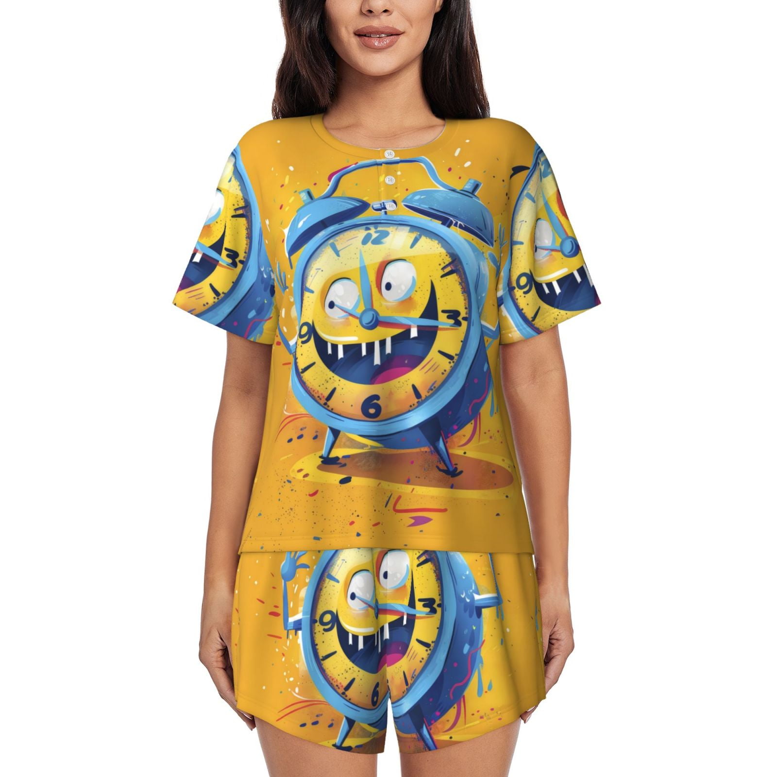 Daiia Funny Alarm Clock Illustration Pattern Womens Pajama Sets Short ...