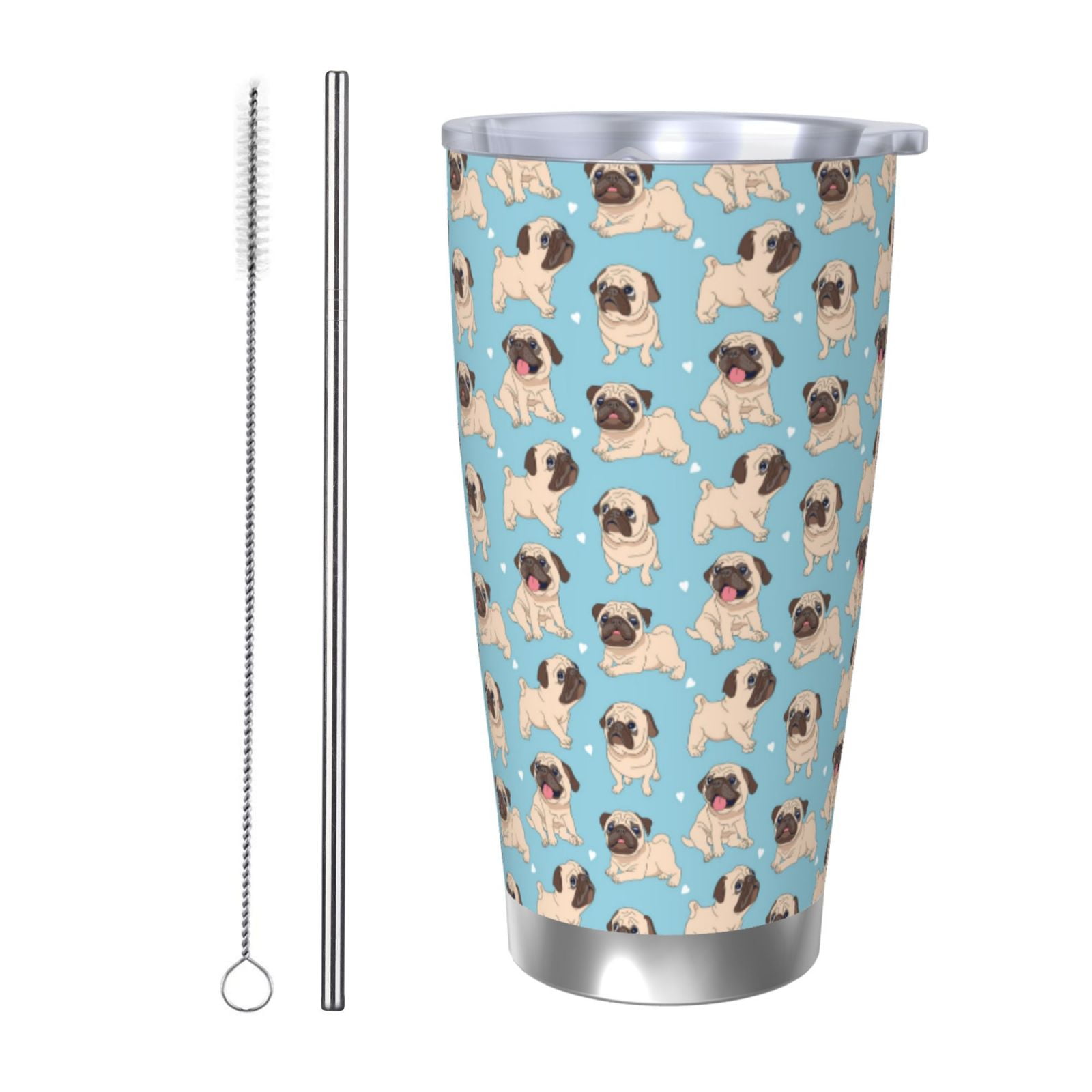 Daiia Funny Cartoon Pugs Printed 20oz Insulated Coffee Cup with Straw ...