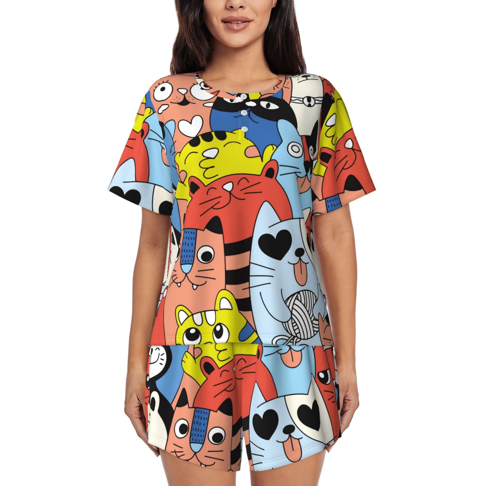 Daiia Funny Cats Pattern Womens Pajama Sets Short Sleeve Pajamas for ...