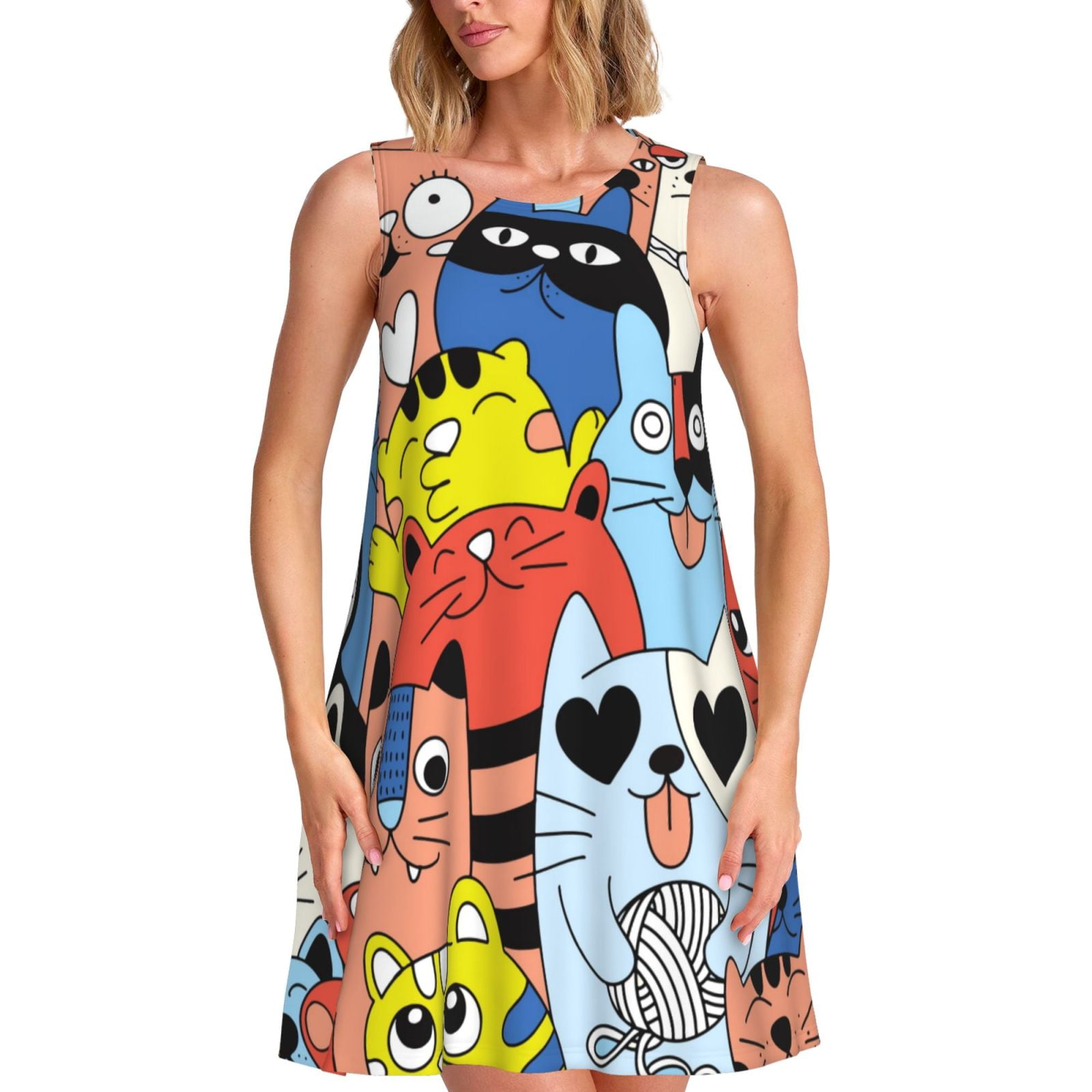 Daiia Funny Cats Print Women's Dresses 2025 Trendy Short sleeve Dresses ...