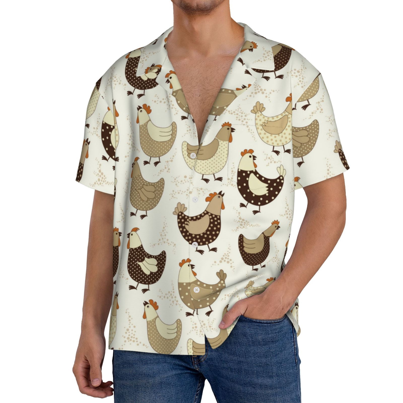 Daiia Funny Chicken Men's Linen Shirts Short Sleeve Casual Shirts ...