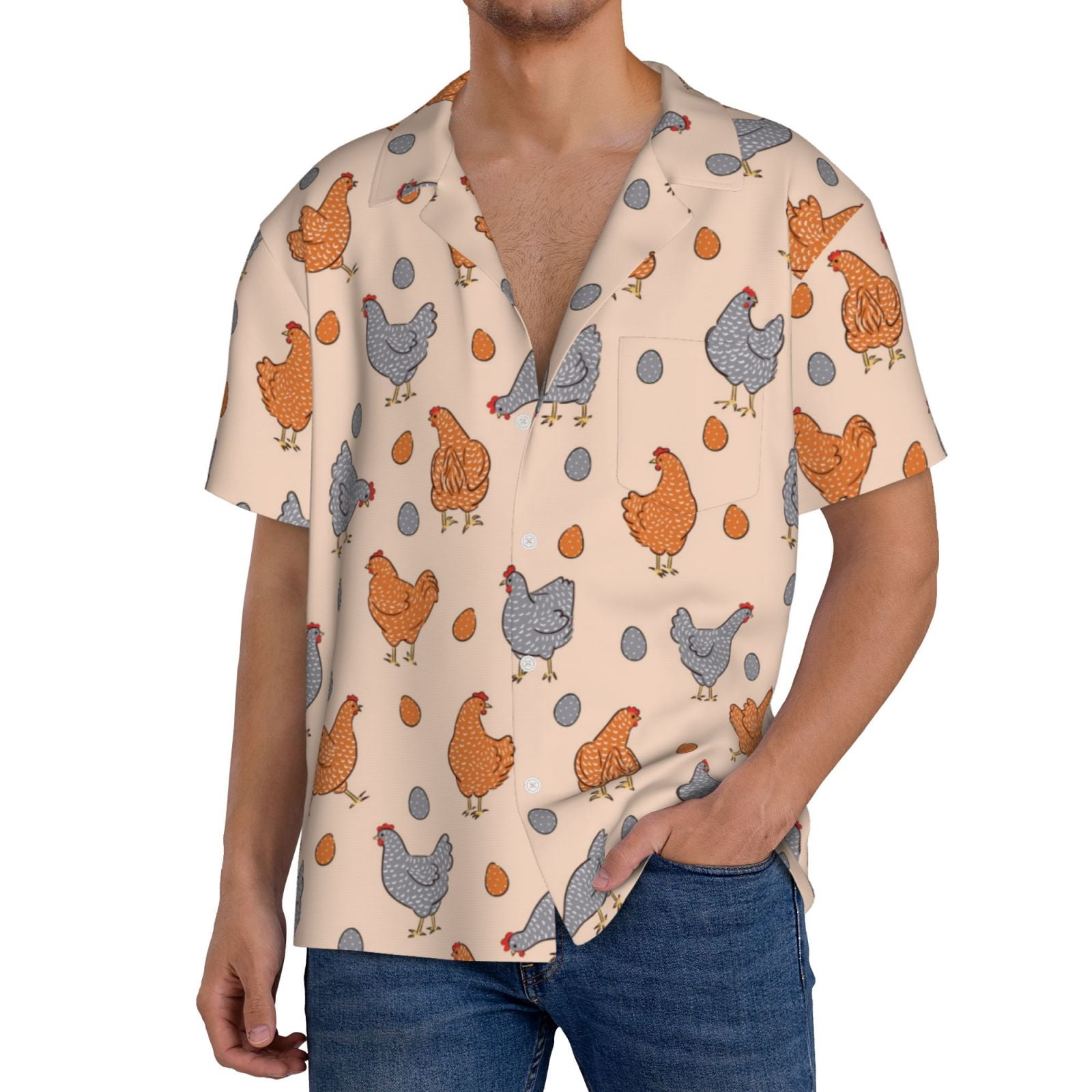 Daiia Funny Chicken Men's Linen Shirts Short Sleeve Casual Shirts ...