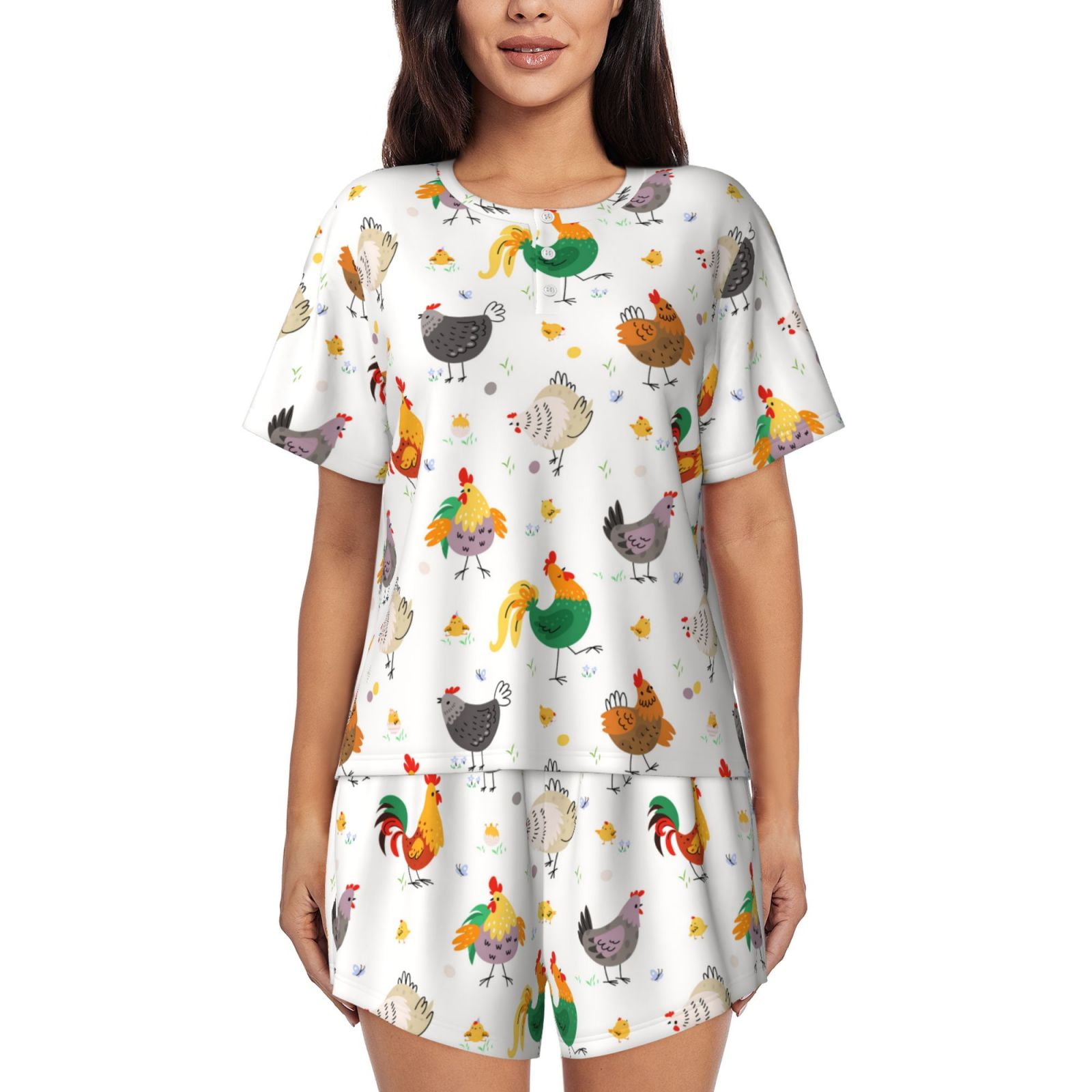Daiia Funny Chicken Pattern Womens Pajama Sets Short Sleeve Pajamas for ...