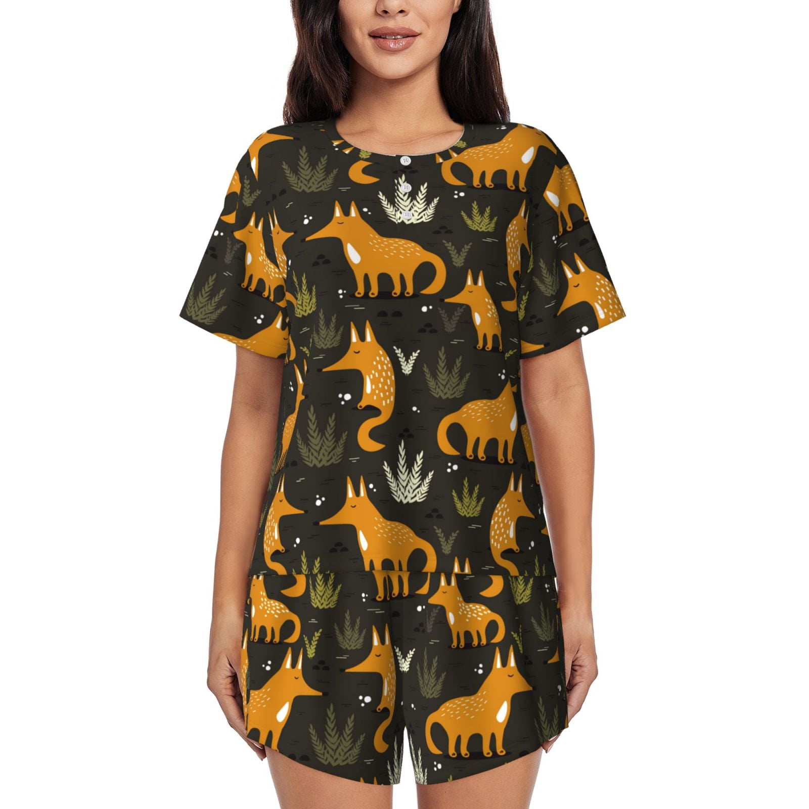 Daiia Funny Fox by the Field Pattern Womens Pajama Sets Short Sleeve ...