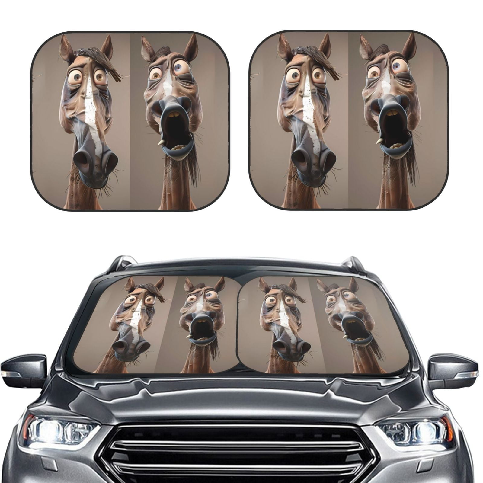 Daiia Funny Horse Faces Expressions 2PCS Car Windshield Sun Shade ...