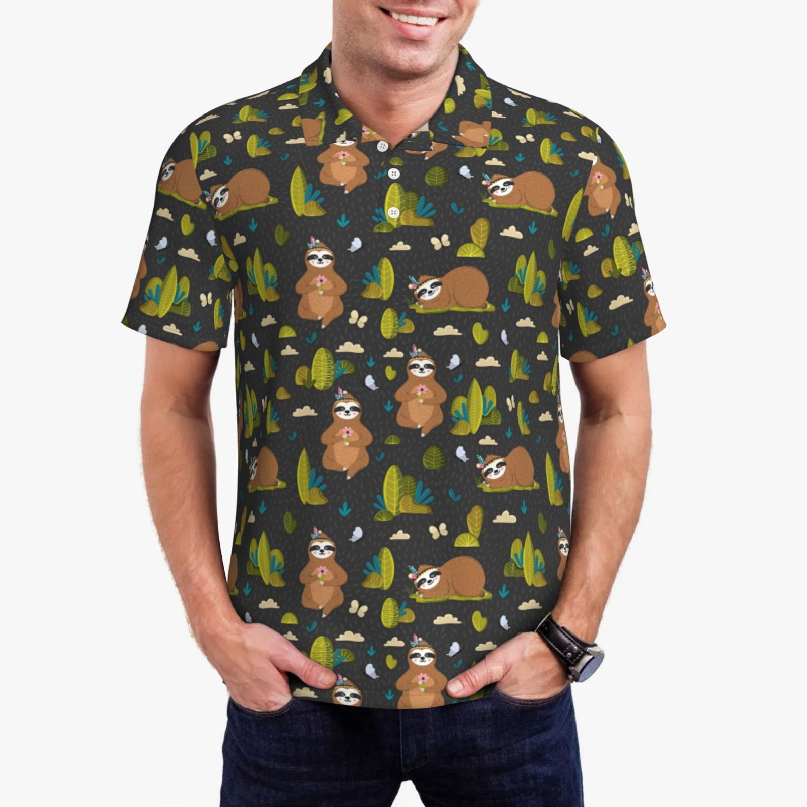 Daiia Funny Sloths In The Forest Pattern Men’s Polo Shirts,Solid Deck ...