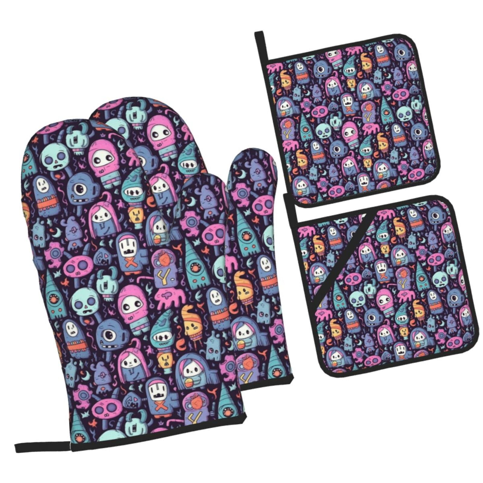 Daiia Funny colorful skull ghost Pattern Oven Mitts and Pot Holders 4 ...