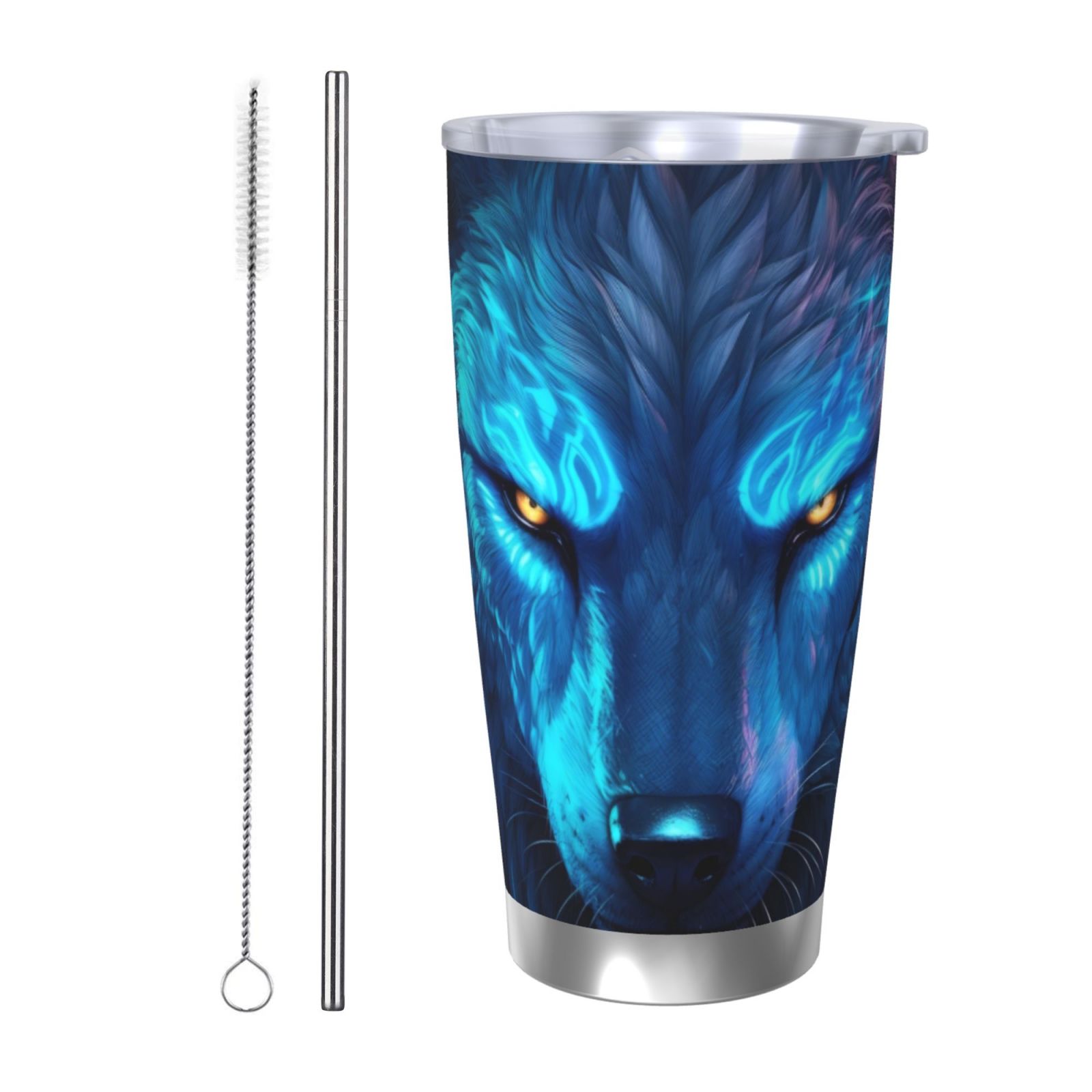 Daiia Futuristic Blue Light Wolf Printed 20oz Insulated Coffee Cup with ...