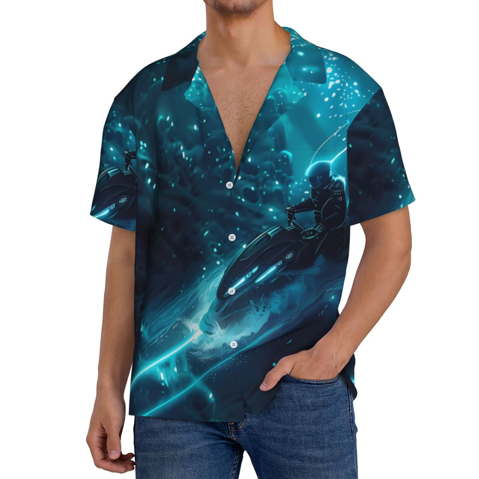 Daiia Futuristic Jet Ski Adventure Men's Linen Shirts Short Sleeve ...