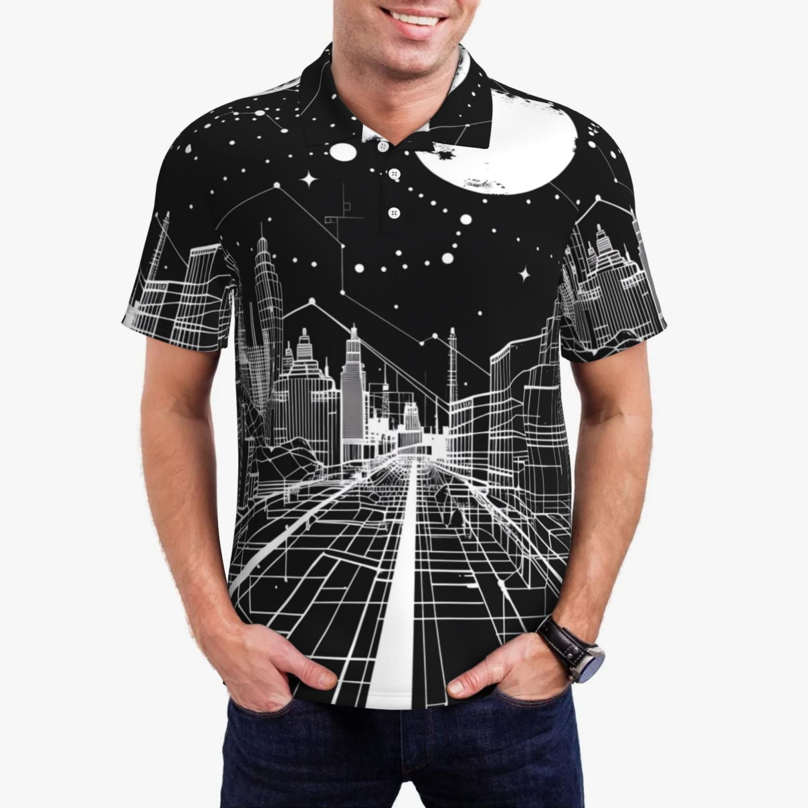 Daiia Futuristic Moonlit Cityscape Pattern Men’s Polo Shirts,Solid Deck ...