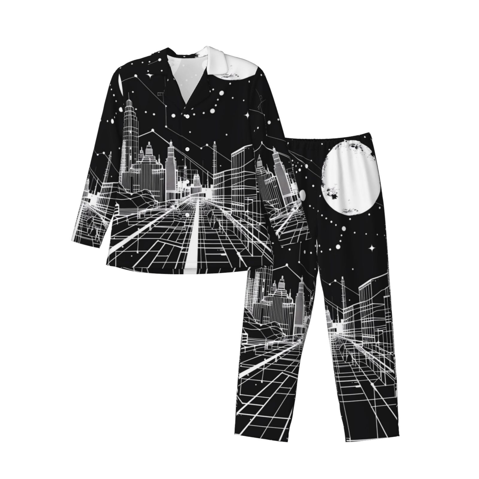 Daiia Futuristic Moonlit Cityscape for Men's Long-Sleeved Pajama Set ...