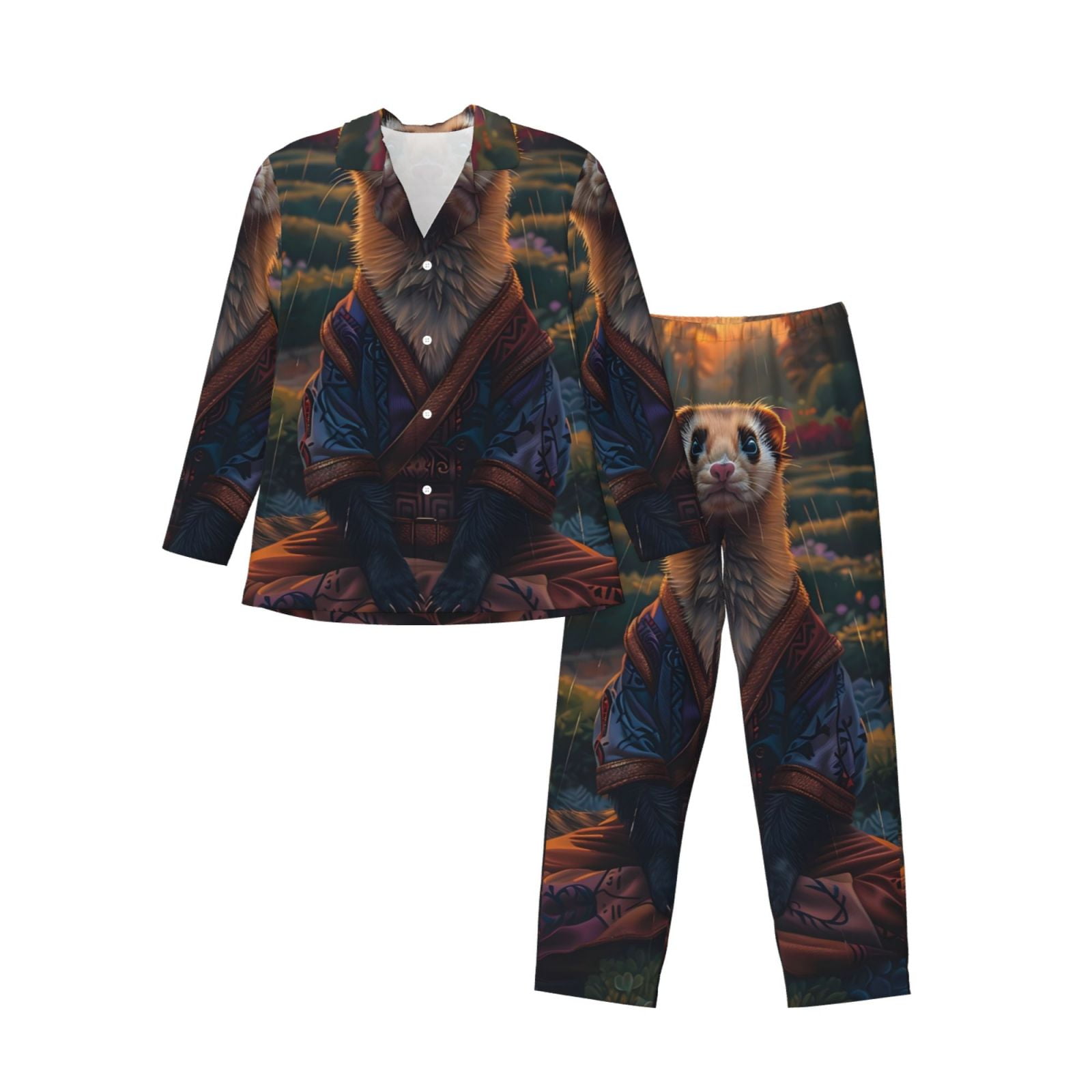 Daiia Garden Meditating Weasel for Men's Long-Sleeved Pajama Set – Soft ...