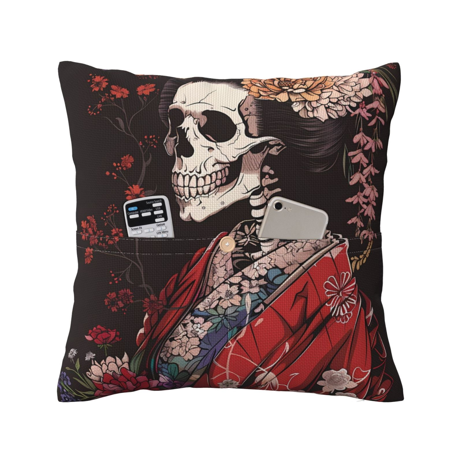 Daiia Geisha Skeleton With Flowers Pattern Linen Decorative Throw ...