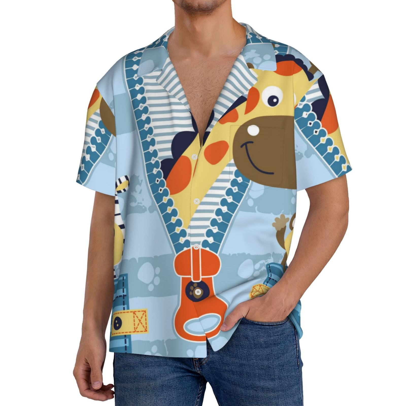 Daiia Giraffe Come Out From Zipper Men's Linen Shirts Short Sleeve ...