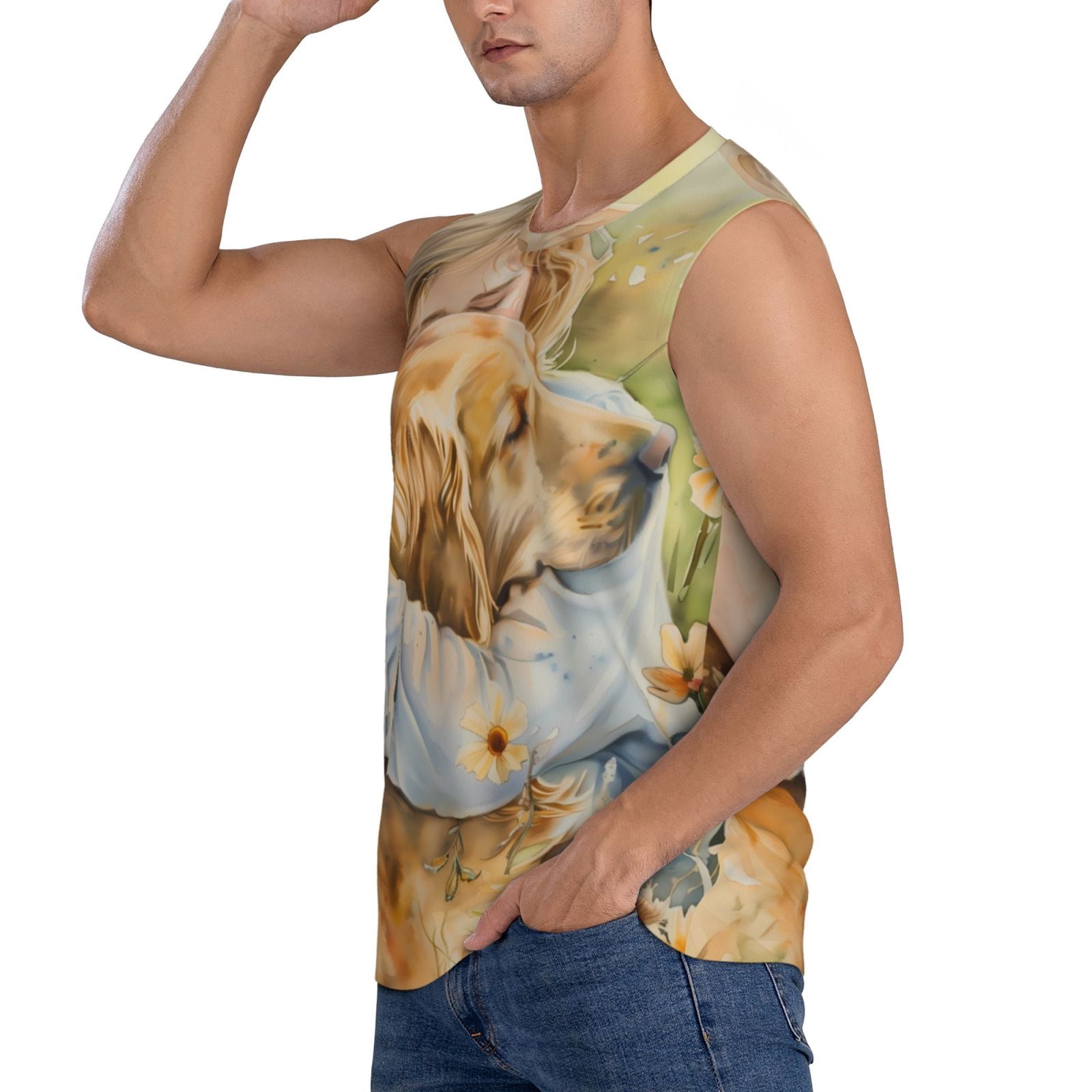 Daiia Girl Hugging Dog Flowers Printed Men's Tank Tops,Casual Soft ...