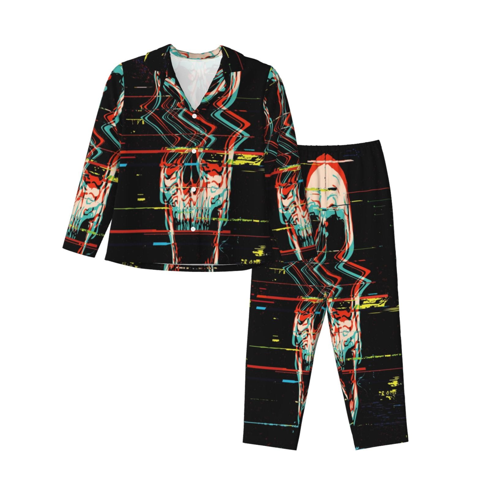 Daiia Glitch Screaming Skull for Women's Long-Sleeved Pajama Set – Soft ...