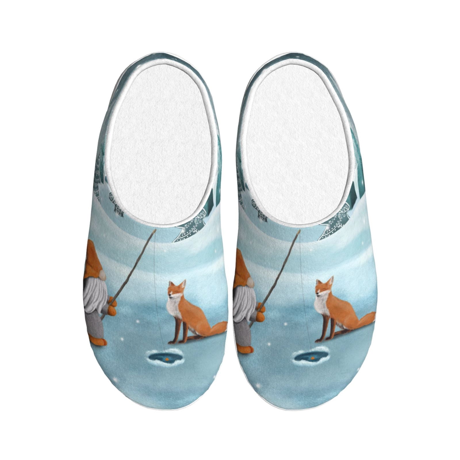 Daiia Gnome And Red Fox Fishing Print Women’s Fuzzy Slippers Memory ...
