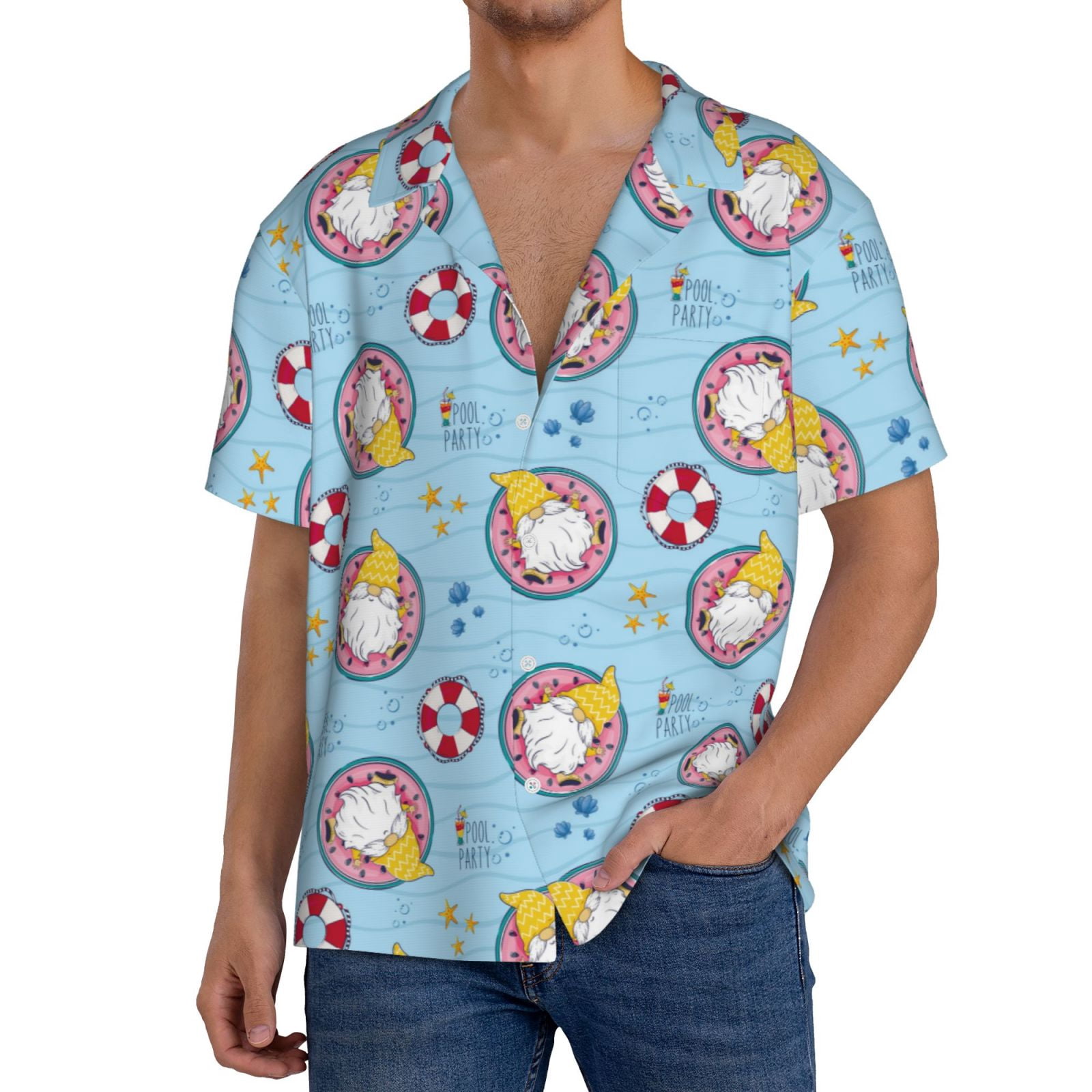 Daiia Gnome Pool Party Men's Linen Shirts Short Sleeve Casual Shirts ...