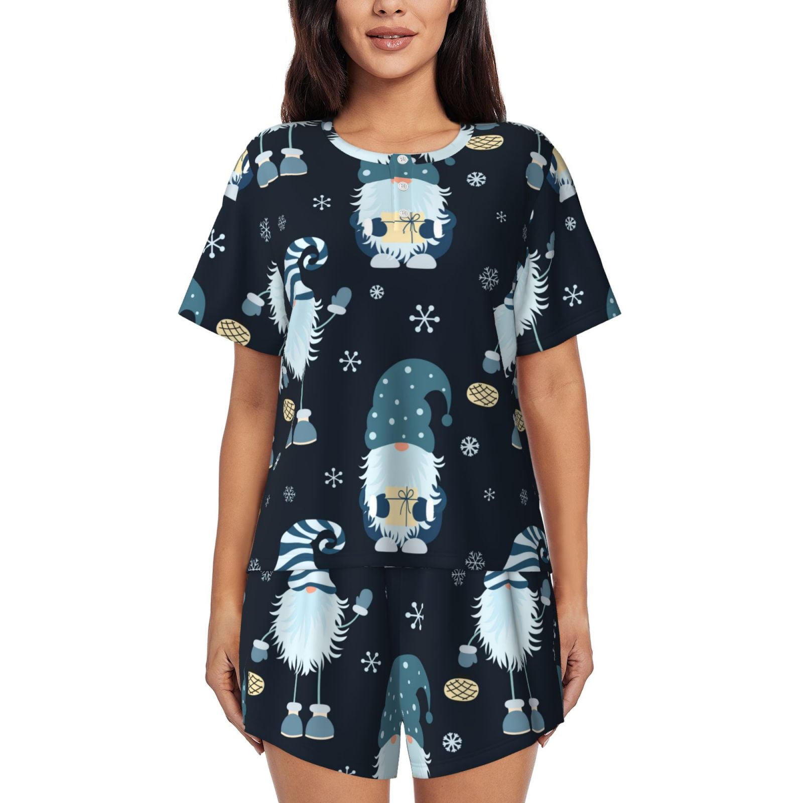 Daiia Gnome and Snowflakes Pattern Womens Pajama Sets Short Sleeve ...