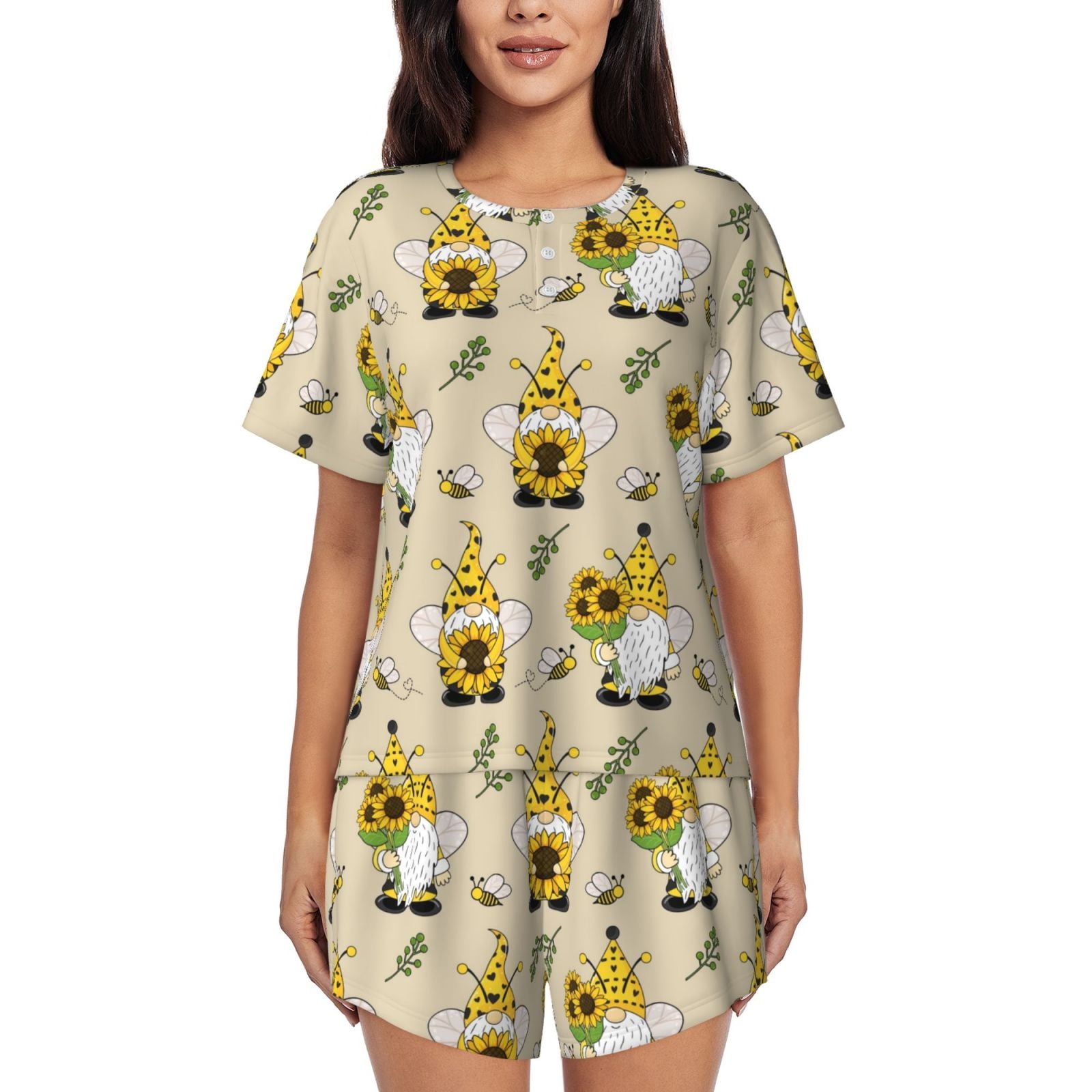 Daiia Gnomes Bees And Sunflowers Pattern Womens Pajama Sets Short ...