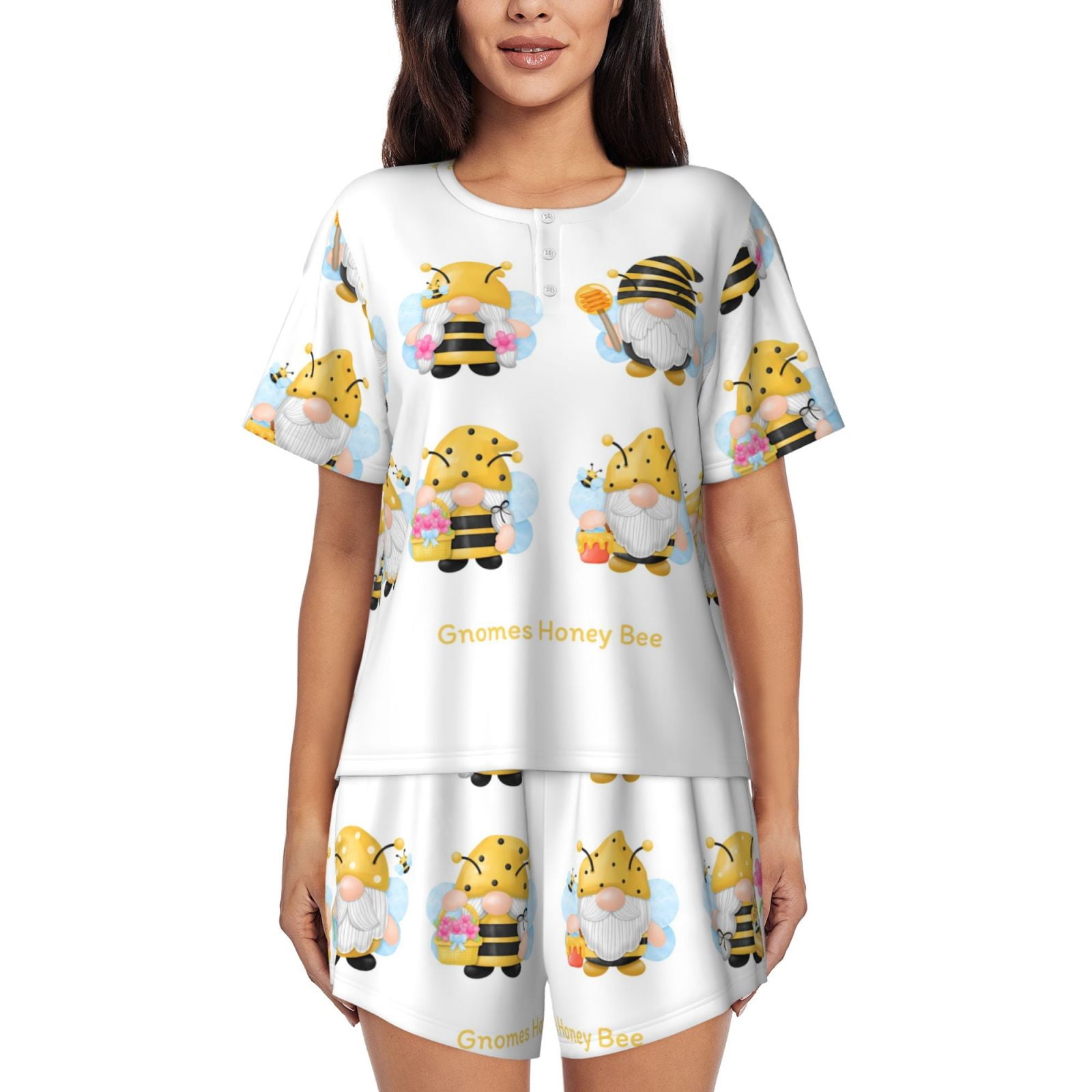 Daiia Gnomes Honey Bee Pattern Womens Pajama Sets Short Sleeve Pajamas ...