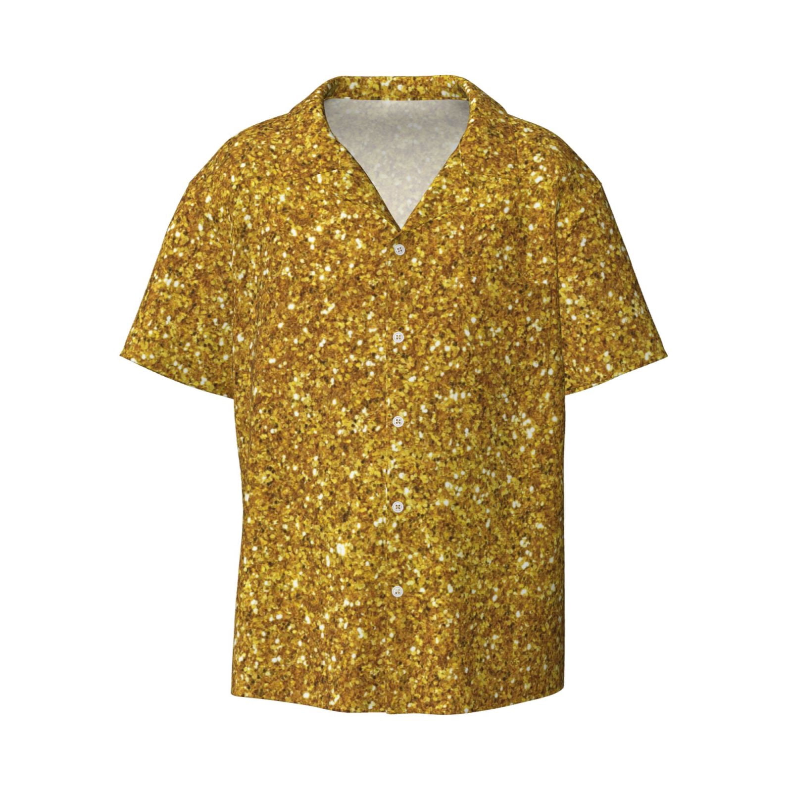 Daiia Gold Glitter Men's Linen Shirts Short Sleeve Casual Shirts Button ...