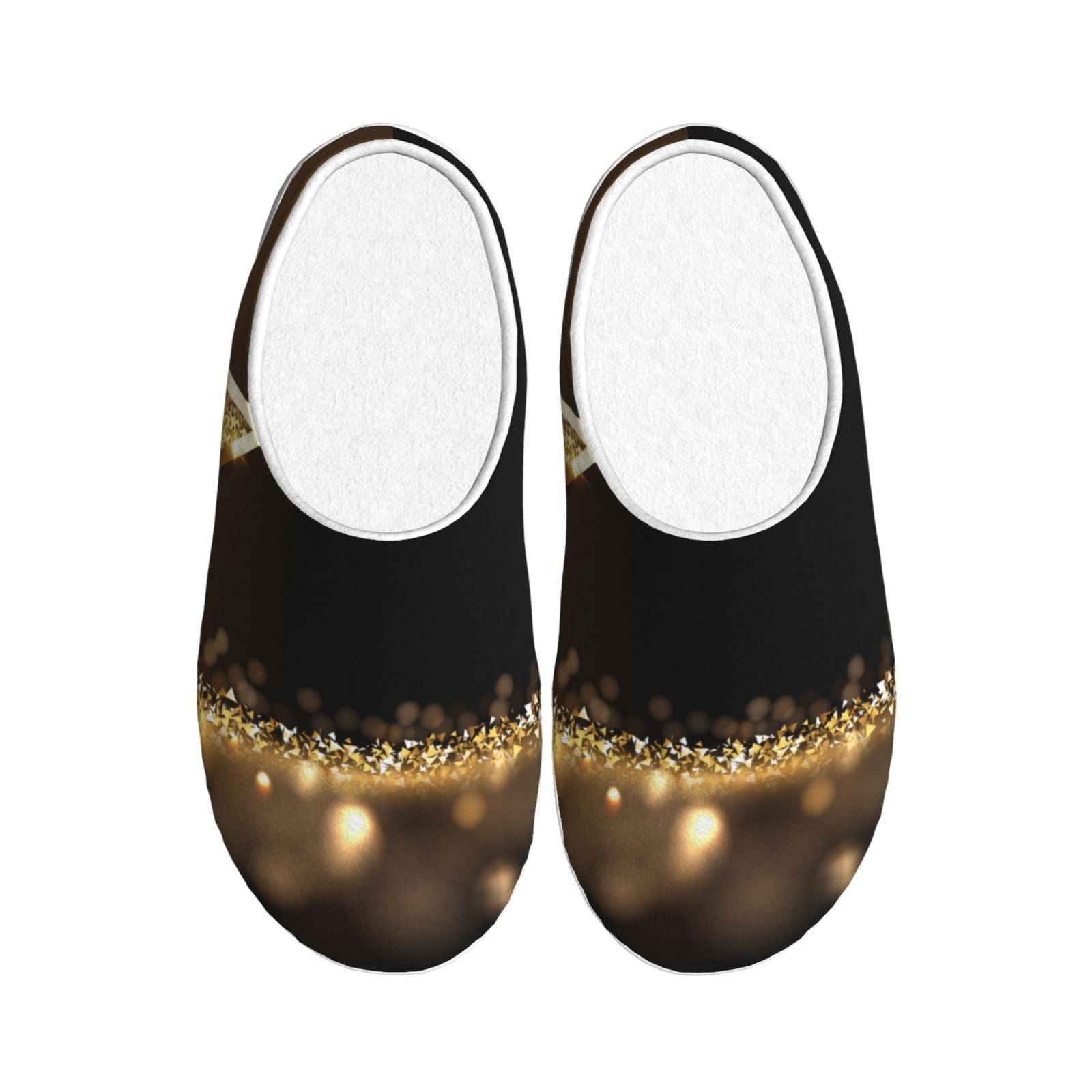 Daiia Gold Glittering Stars Print Women’s Fuzzy Slippers Memory Foam ...