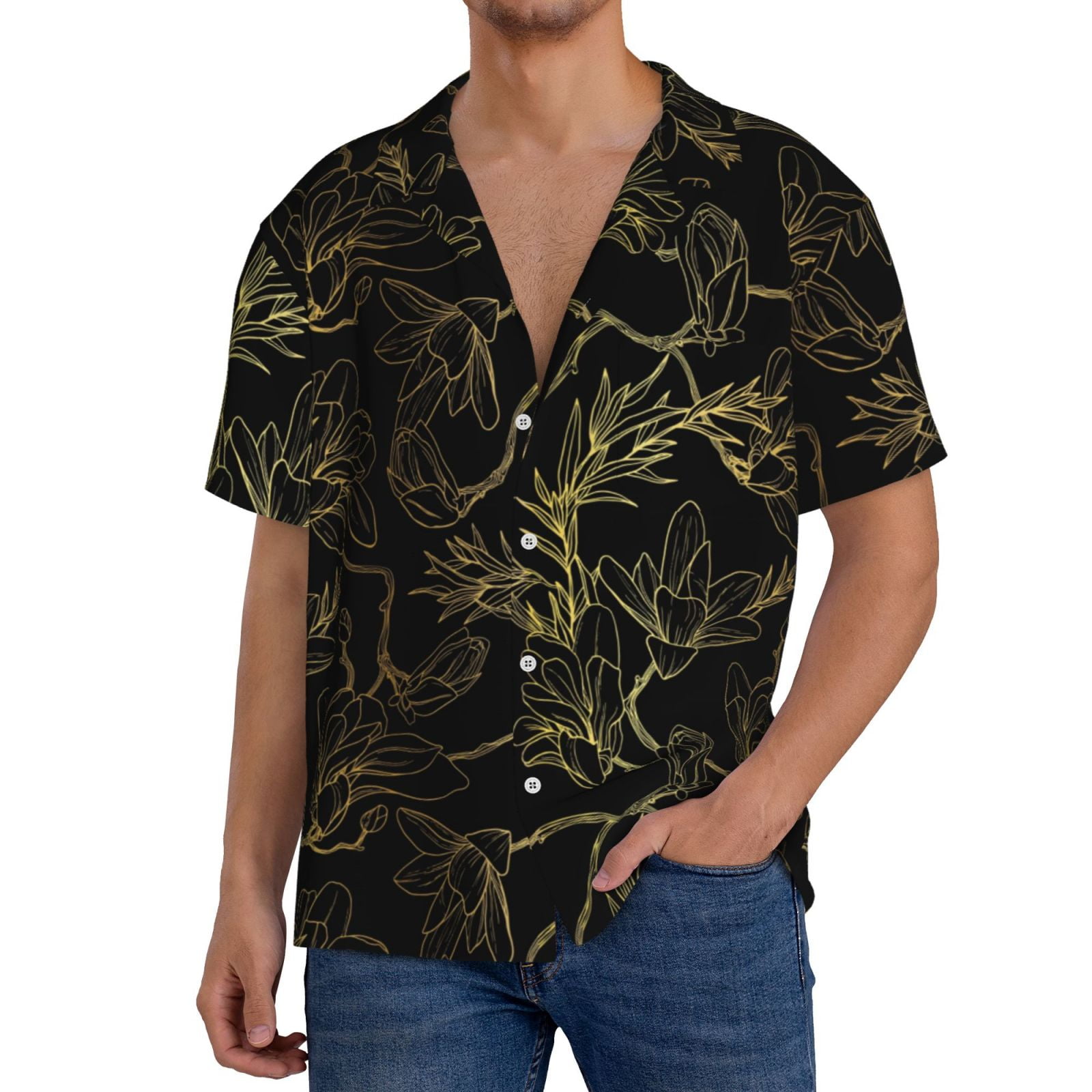Daiia Gold Gloss Outline Floral Men's Linen Shirts Short Sleeve Casual ...