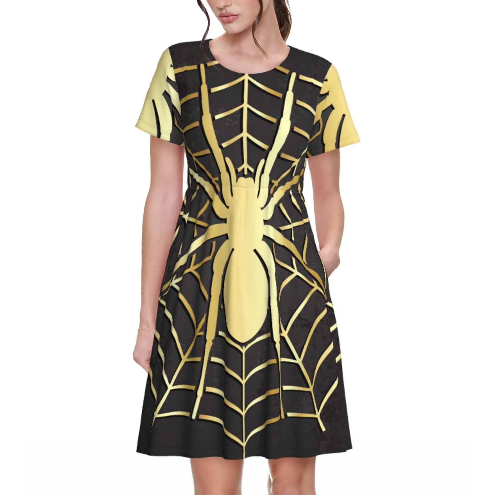 Daiia Gold Spider On The Web Print Women's Dresses 2025 Trendy Short ...