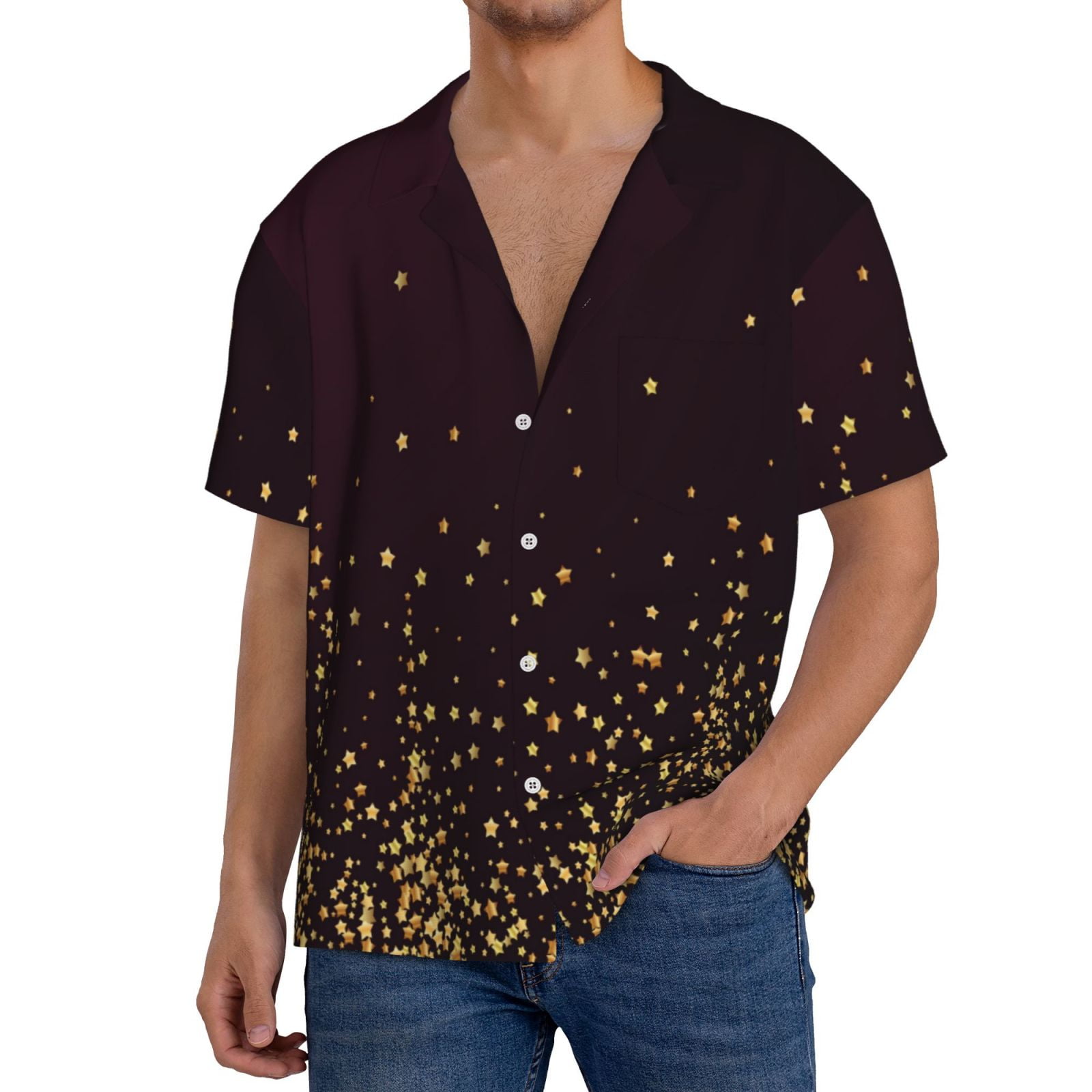 Daiia Gold stars luxury sparkling Pattern Men's Linen Shirts Short ...